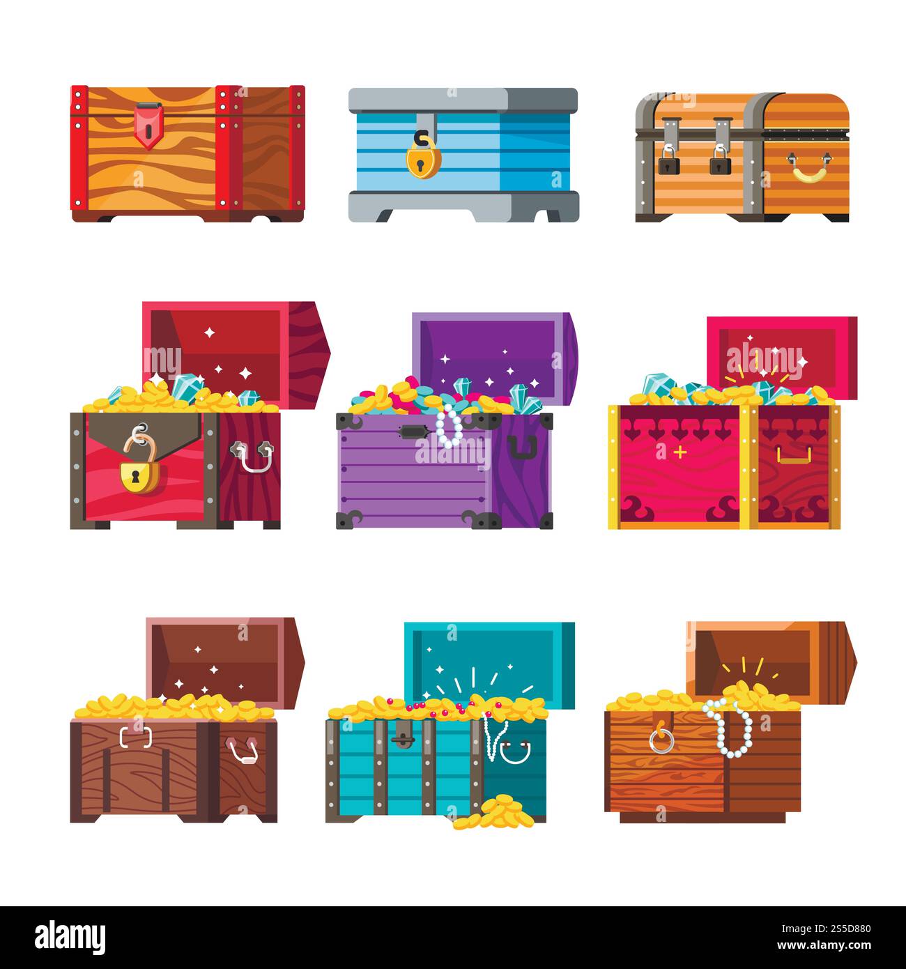 Wooden chests locked and open full of treasuries set. Ancient gold ...