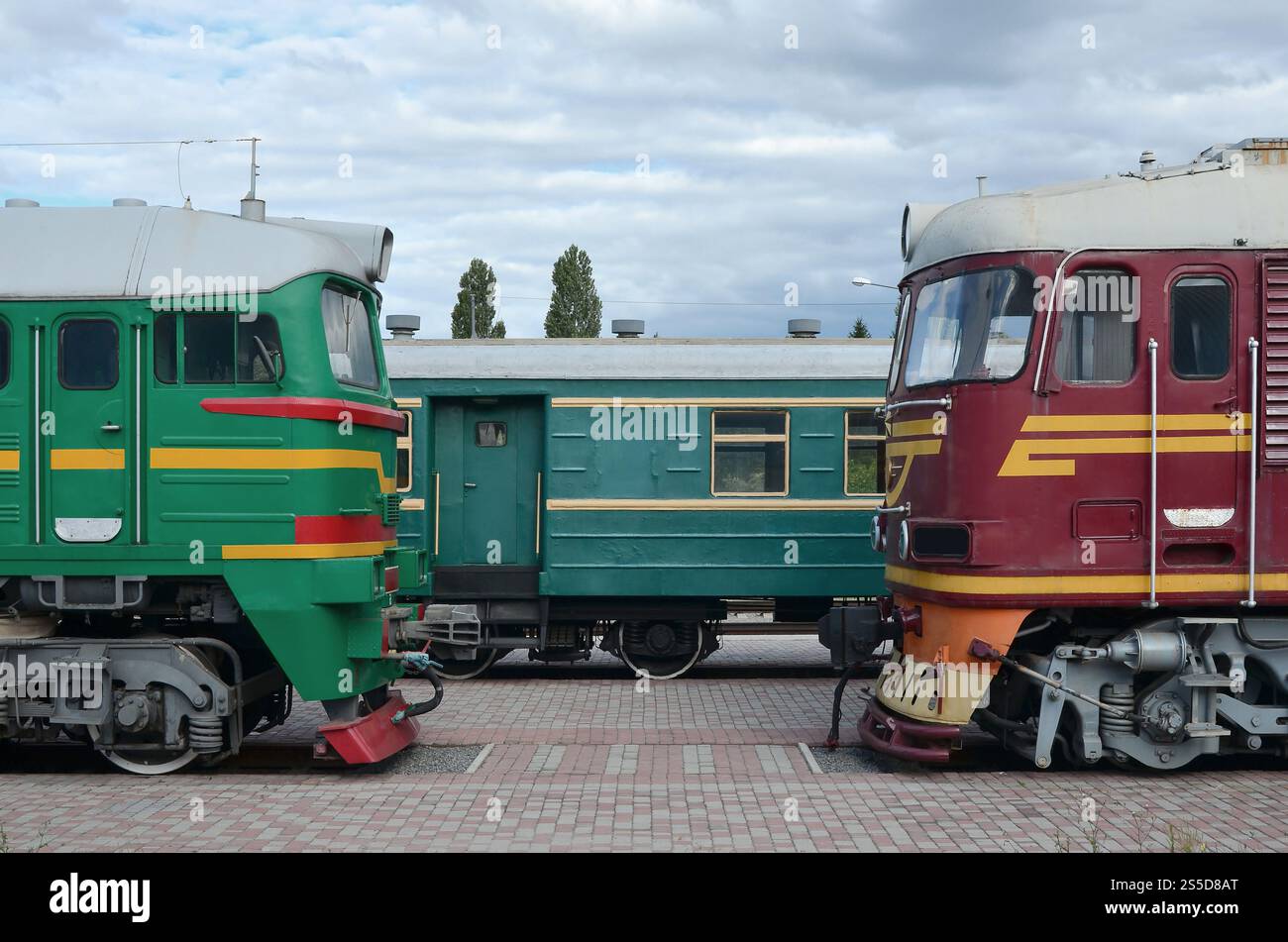 Cabs of modern Russian electric trains. Side view of the heads of ...