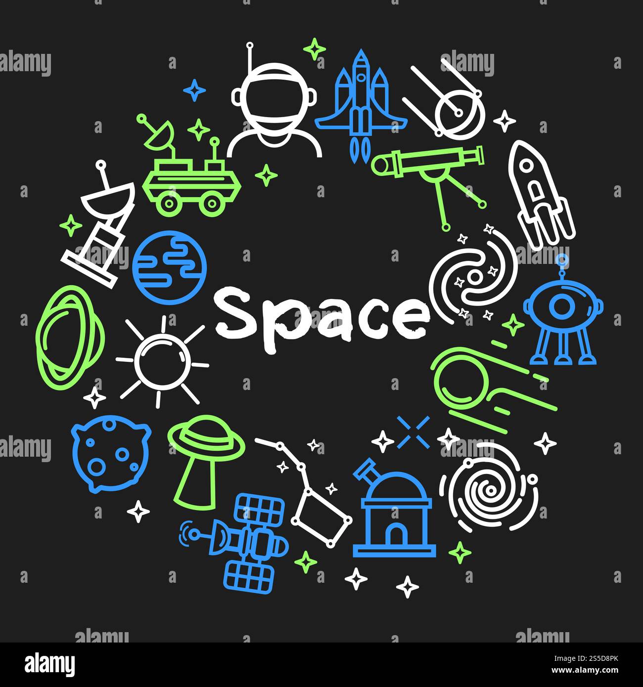 Space themed outline icons in neon colors set. Spaceman in helmet, big ...