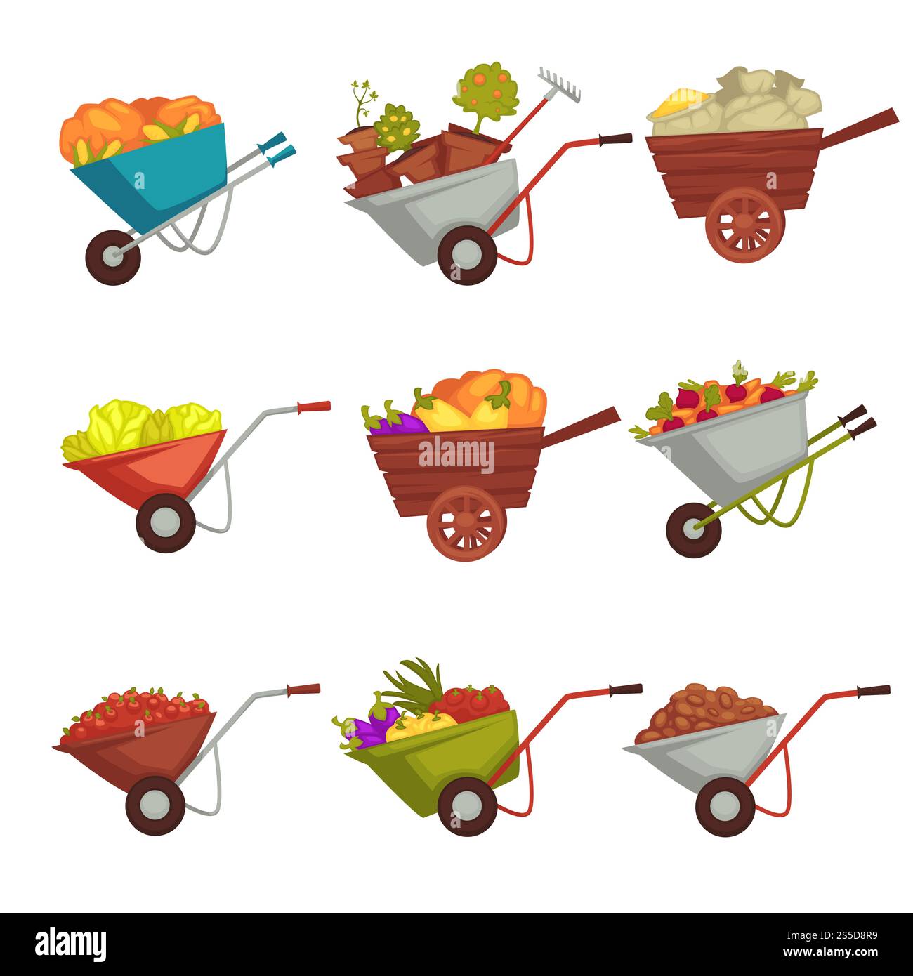Gardening wheelbarrow with vegetables, garden potato harvest or flour ...