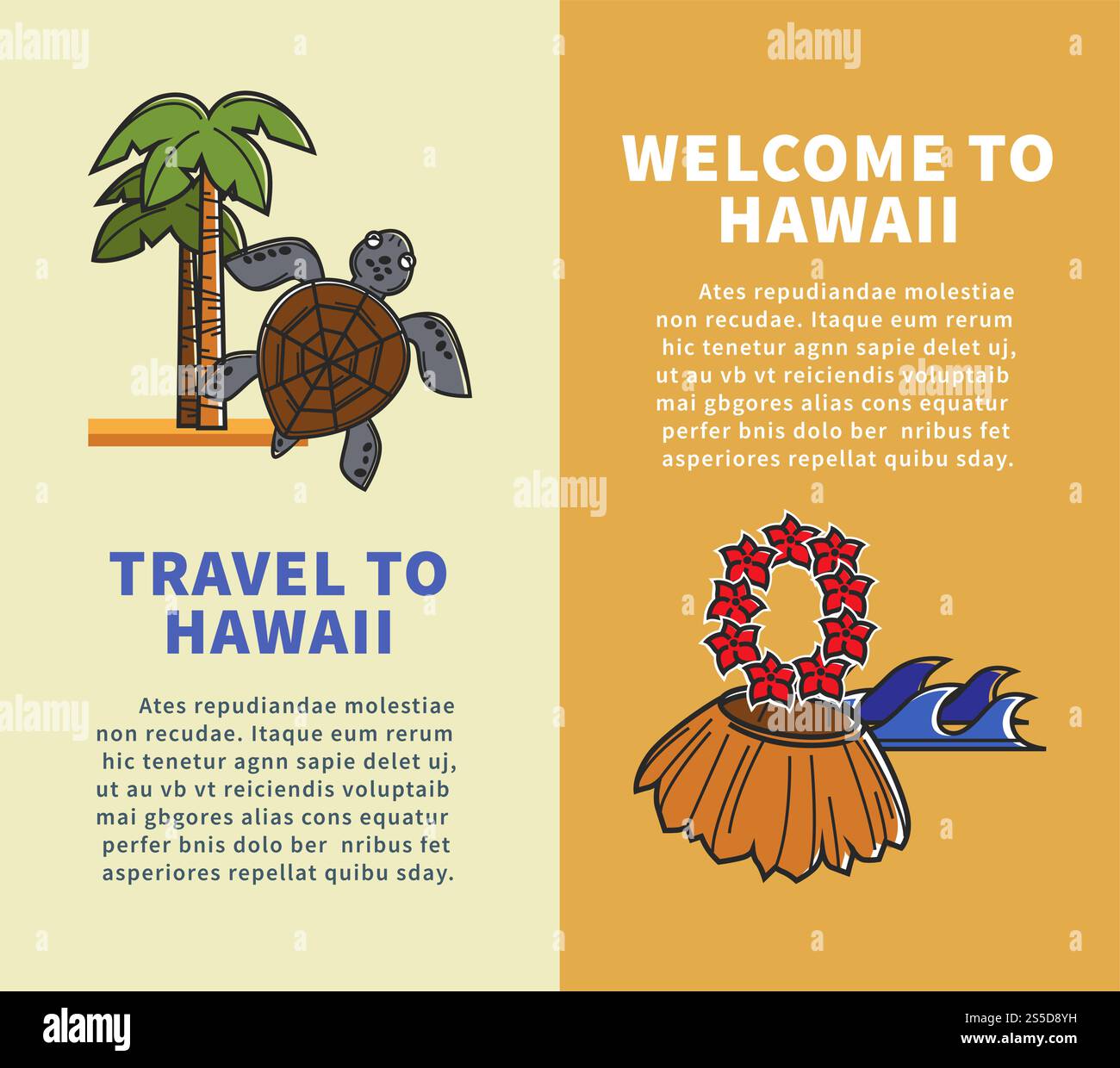 Hawaii travel tourist welcome posters of famous symbols and Honolulu ...