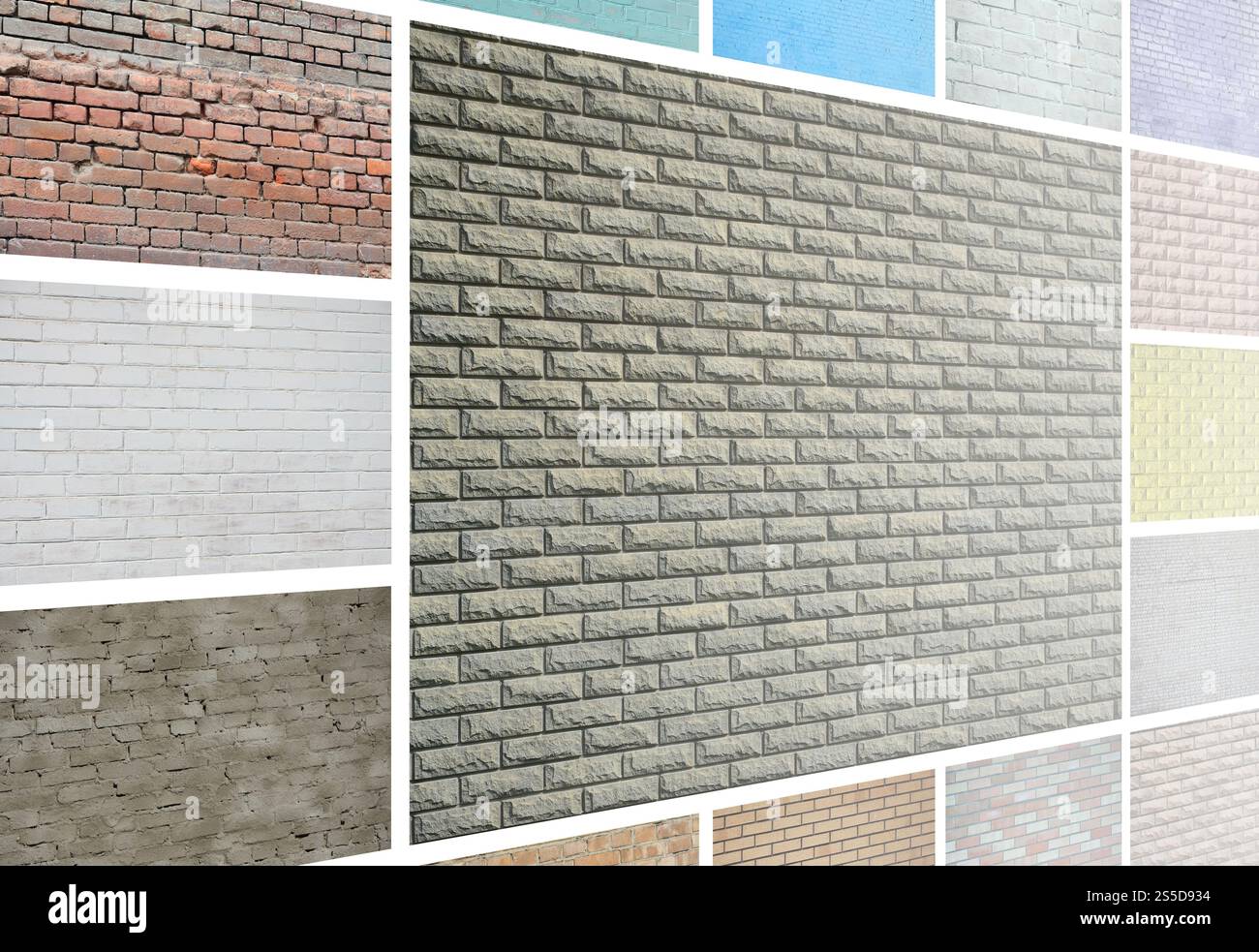 A collage of many pictures with fragments of brick walls of different ...