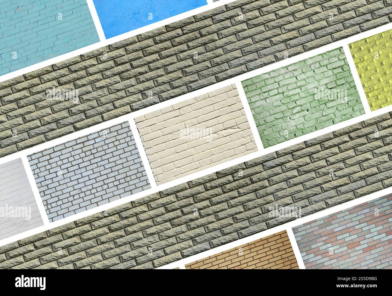 A collage of many pictures with fragments of brick walls of different ...