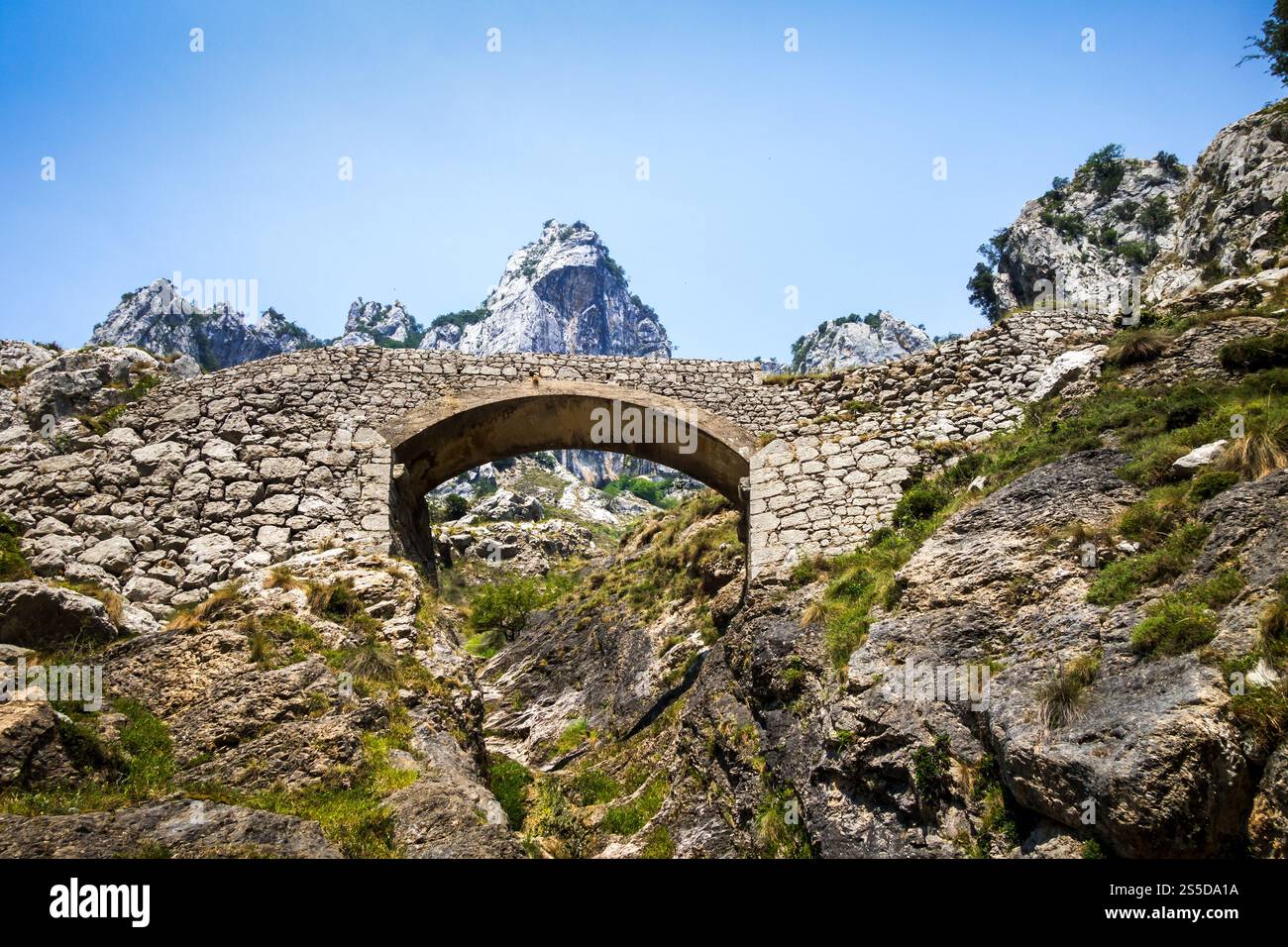 Old stone bridge near bulnes village in picos de europa hi-res stock ...
