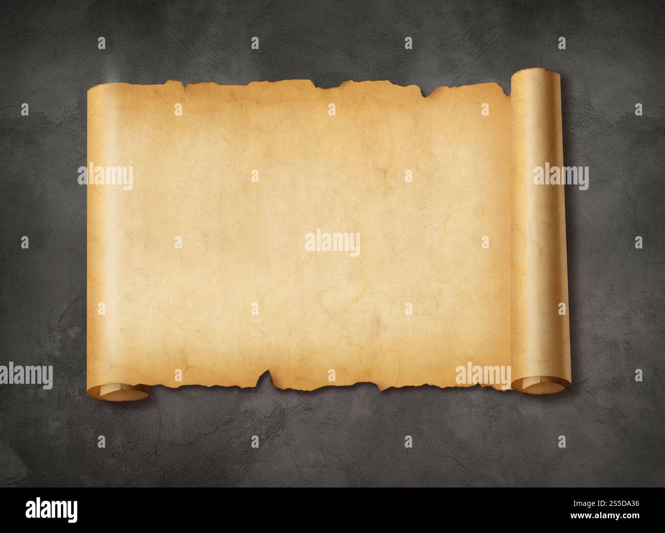 Old mediaeval paper sheet. Horizontal parchment scroll on a concrete ...