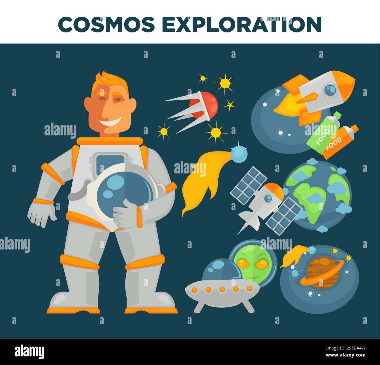 Cosmos exploration and universe space research poster. Vector cartoon ...