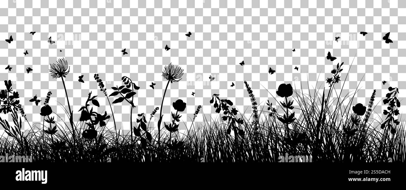 Meadow Background With Butterflies. Transparency Grid Design. Vector ...