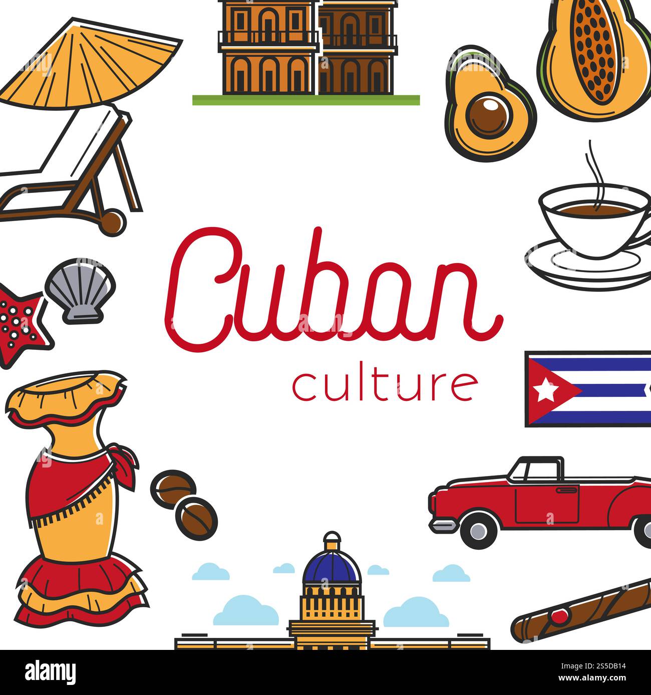 Cuban culture promo banner with national symbols set. Retro cabriolet ...