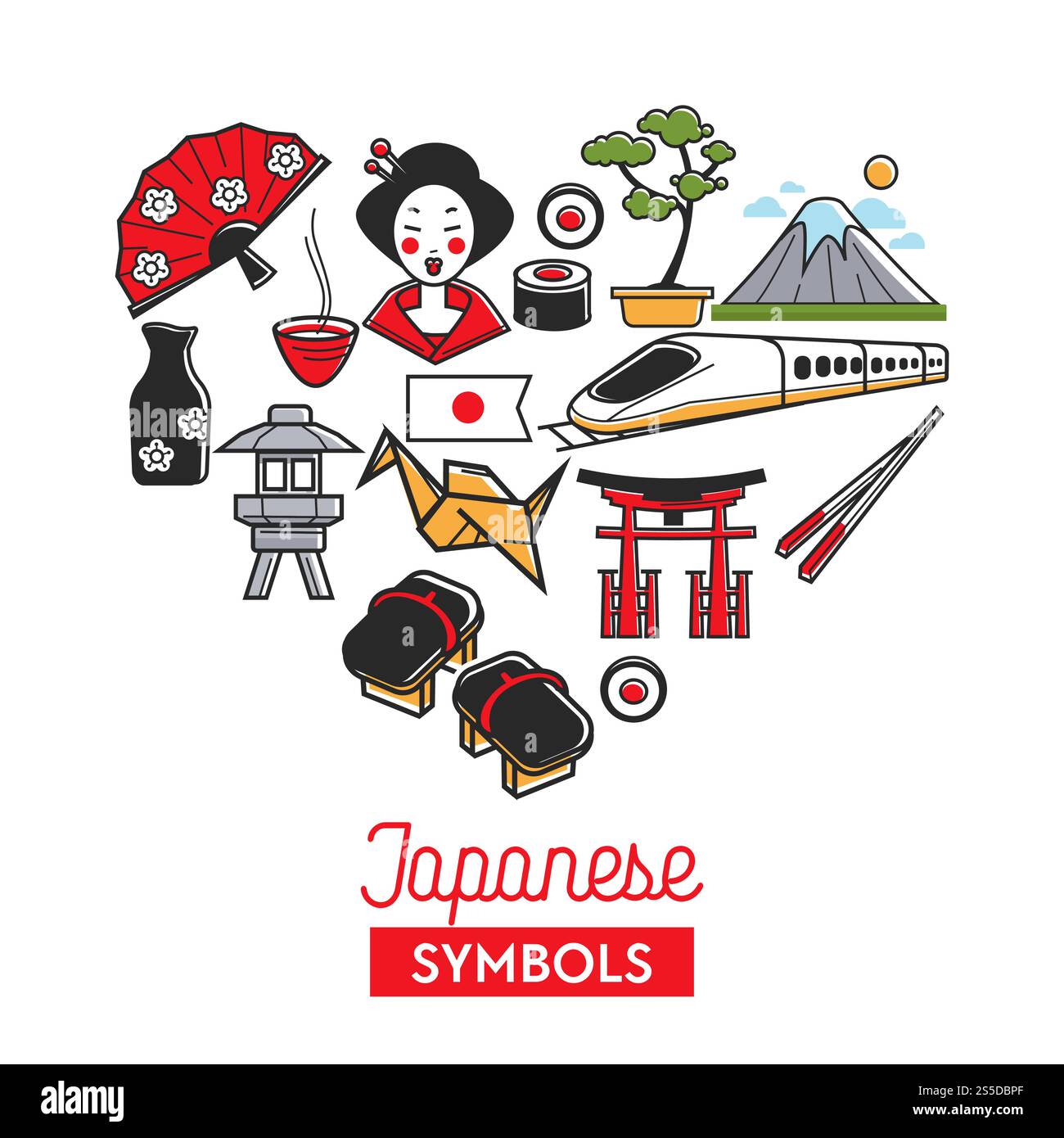 Japan travel heart poster of famous Japanese landmark symbols and ...