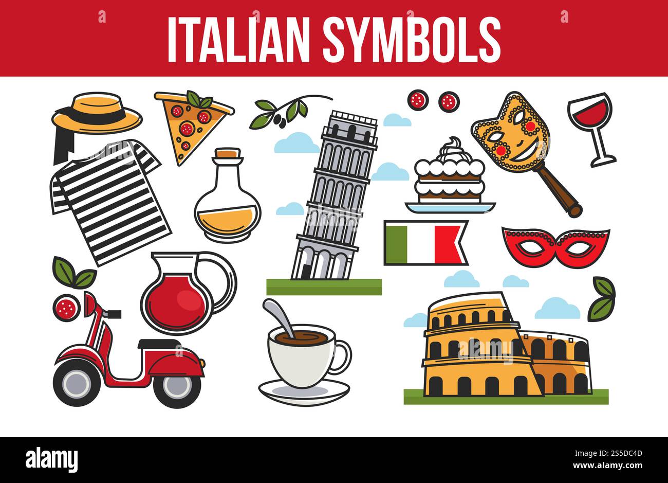 Italian national symbols promotional travel agency poster. Famous Pisa ...