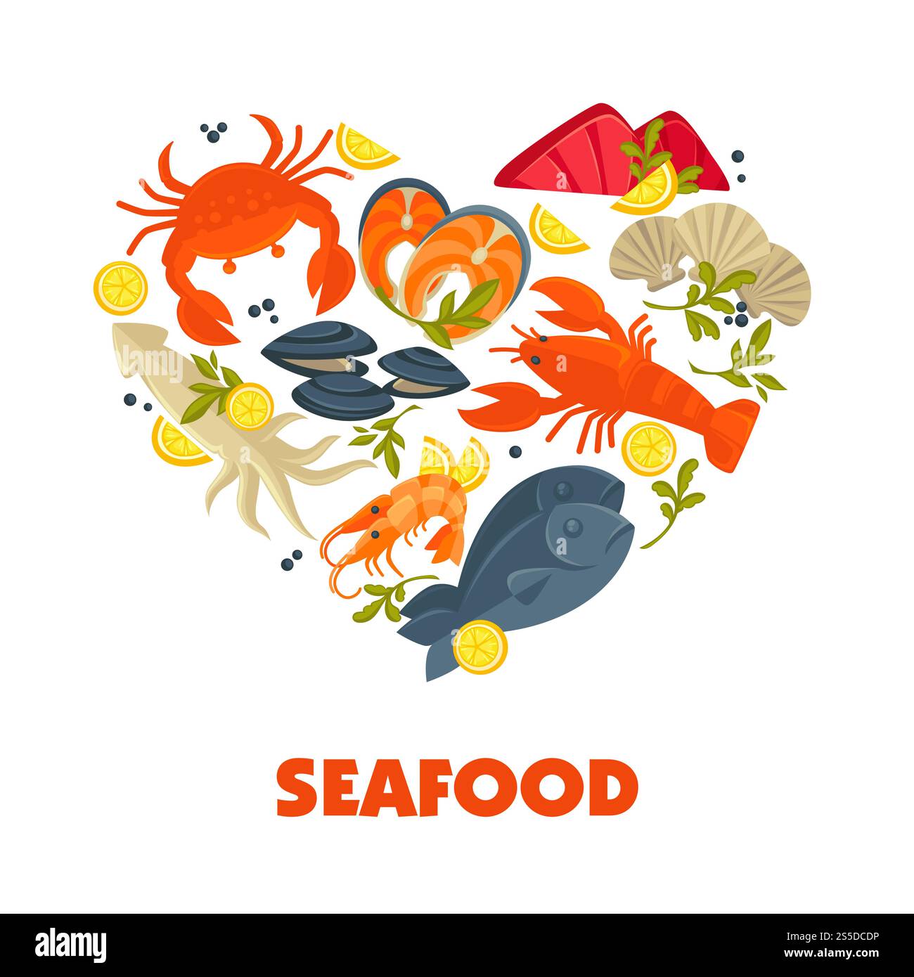 Seafood heart poster of fresh fish catch for sea food symbols for ...