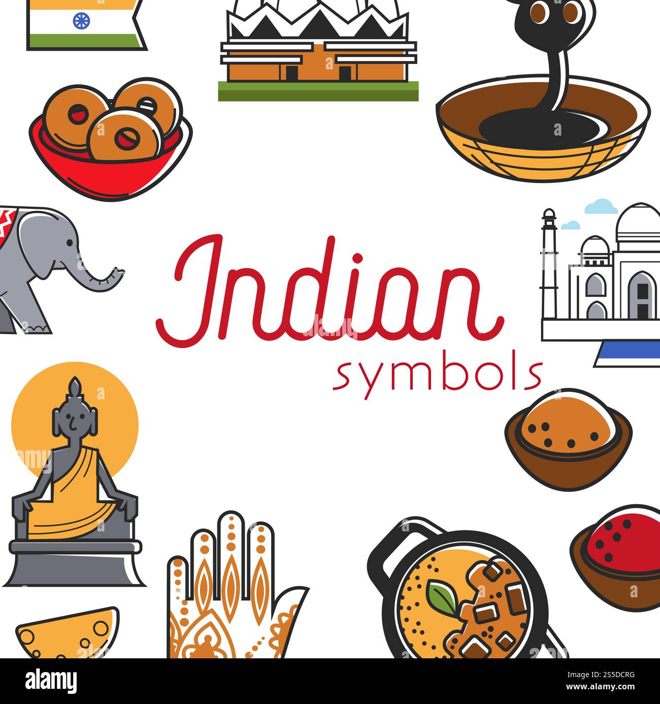Indian symbols promo banner with famous national attractions. Black ...