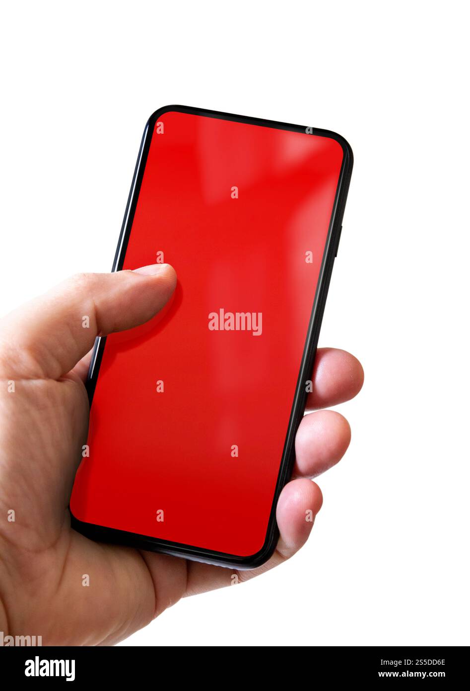 Hand holding a smartphone with blank red screen. Isolated on white ...