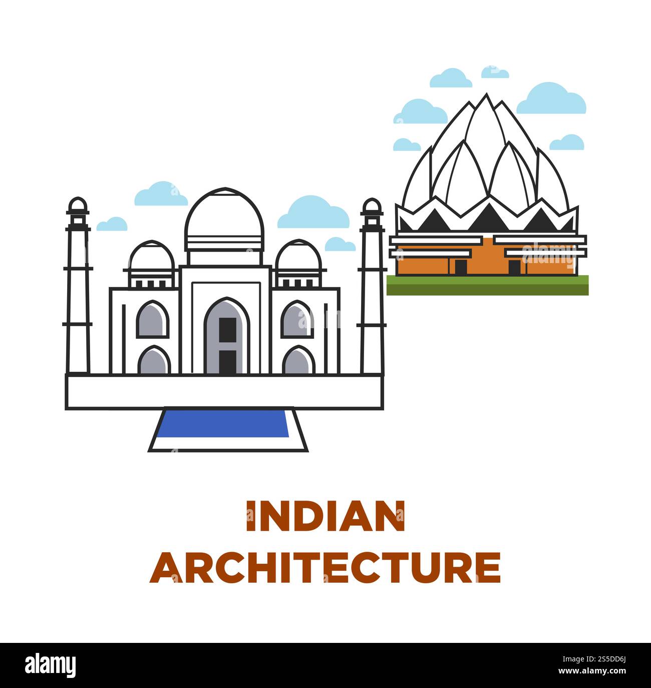India architecture symbols of Taj Mahal and Lotus temple. Vector travel ...