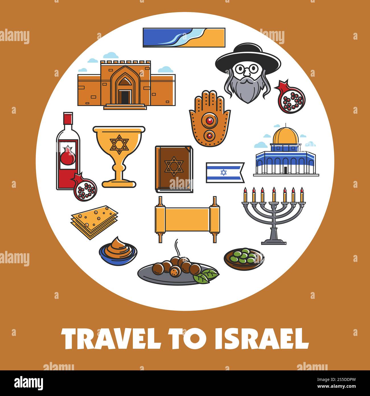 Travel to Israel promo poster with national symbols set. Holy temples ...