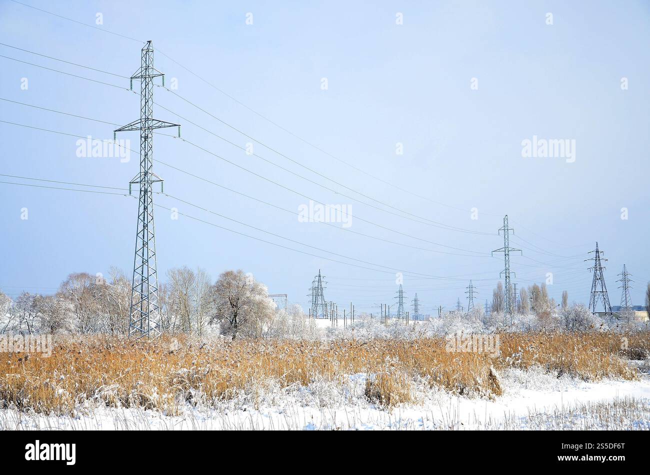 The power line tower is located in a marshy area, covered with snow ...