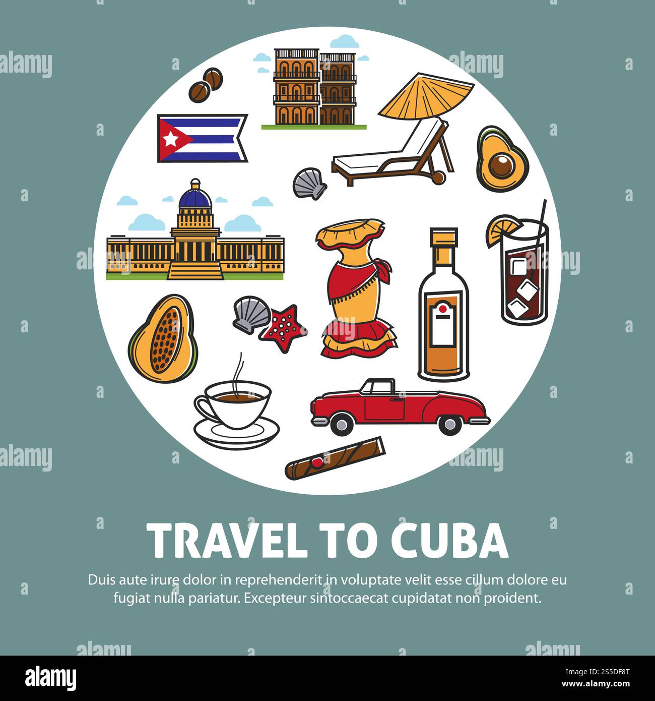 Travel to Cuba promo poster with national symbols. Architectural ...