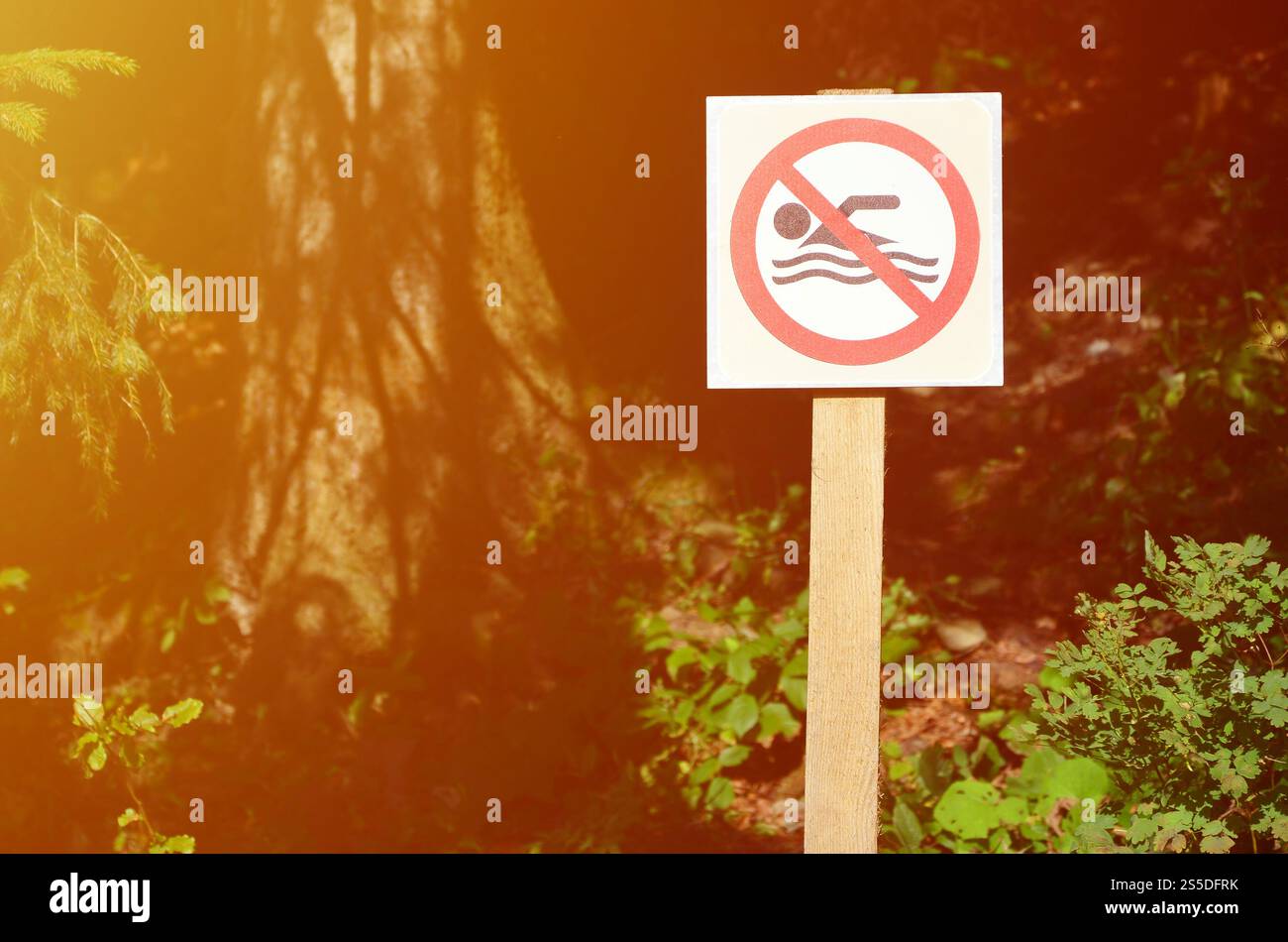 A pillar with a sign denoting a ban on swimming. The sign shows a ...