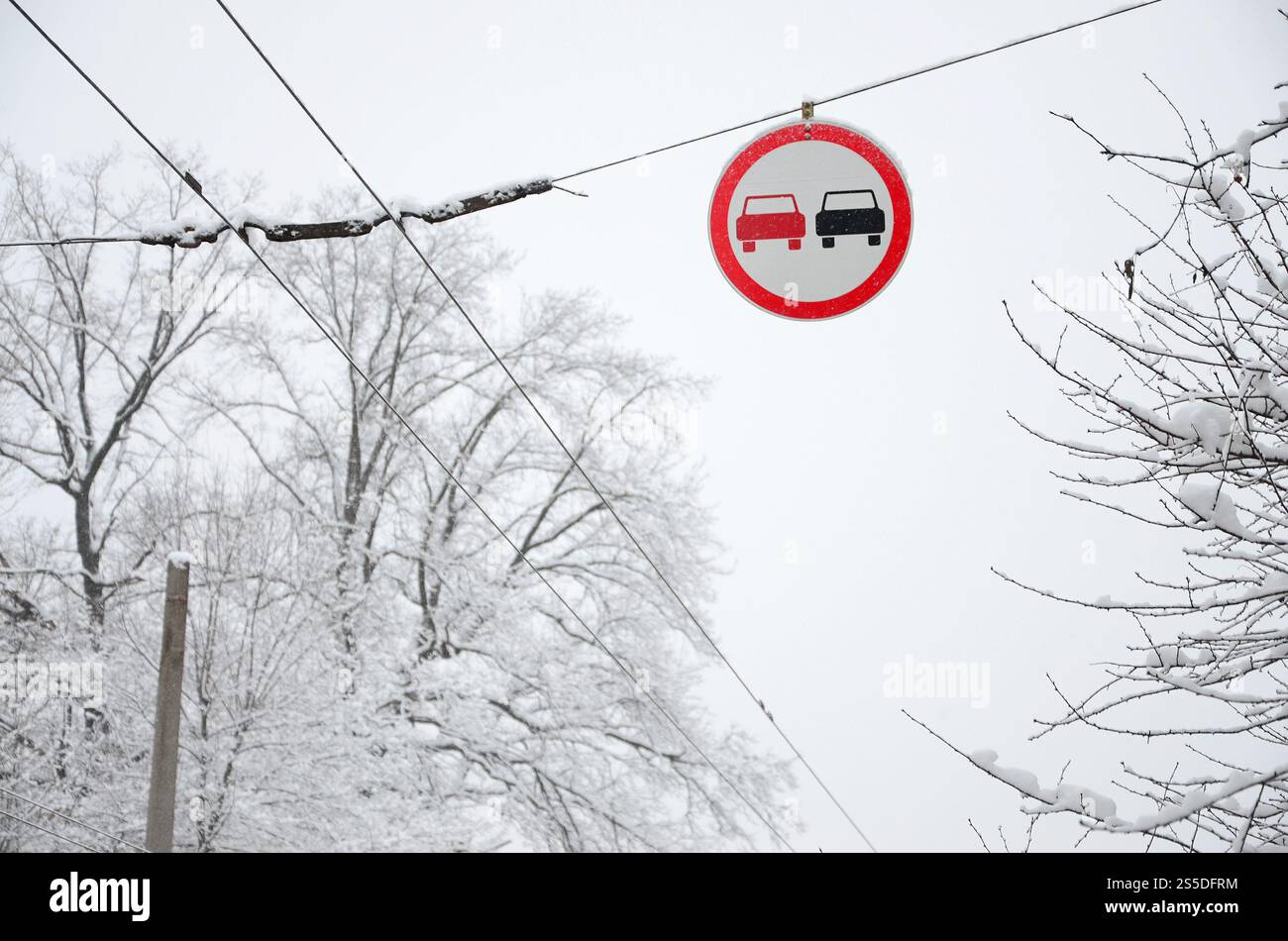 Road sign. Overtaking is prohibited. The sign prohibits overtaking all ...
