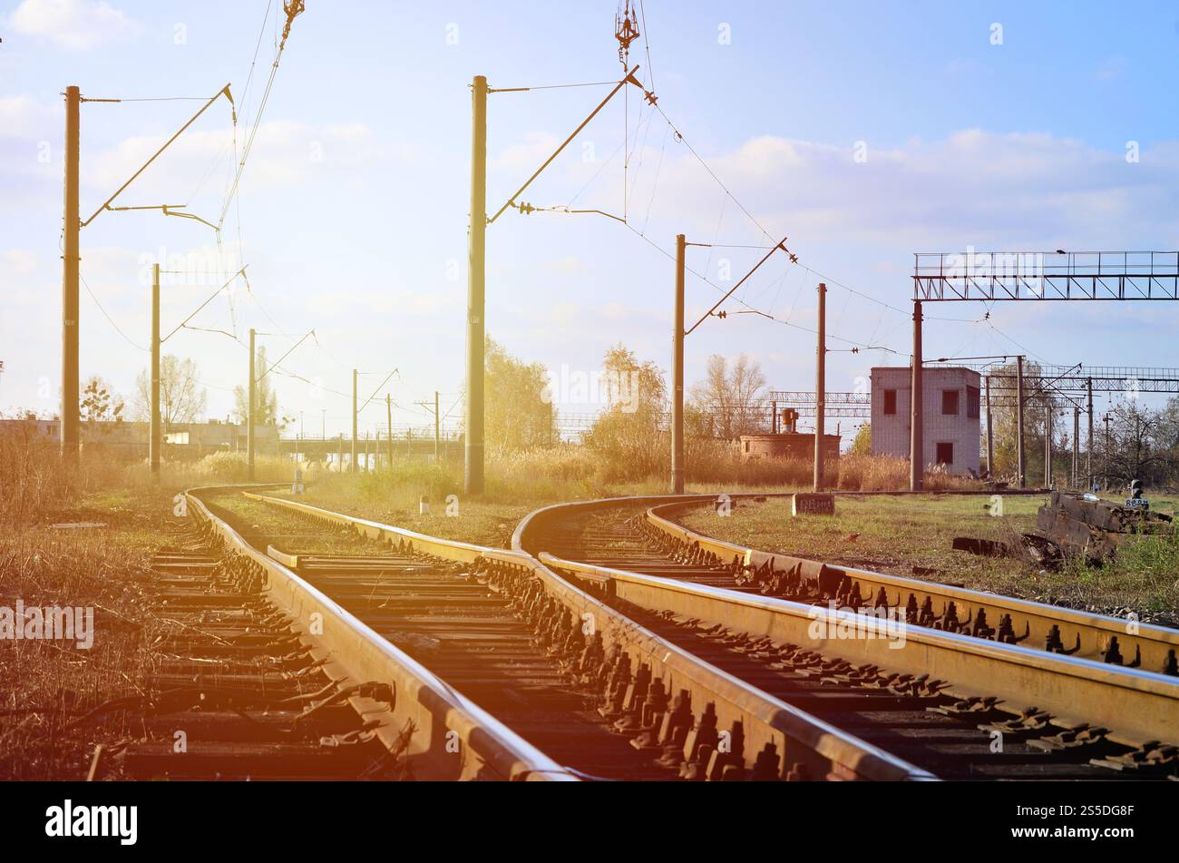 Railway landscape of free and empty railway lines. Detailed picture of ...
