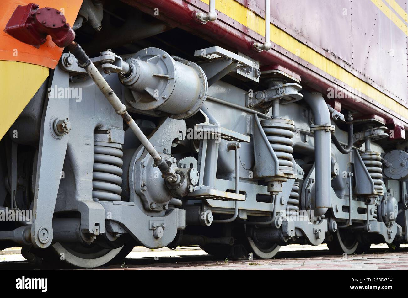 Wheels of a Russian modern locomotive, view from side. Transportation ...