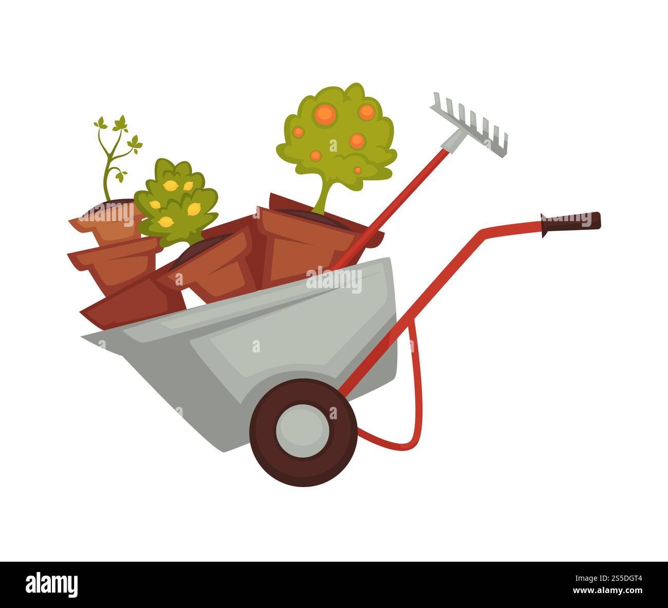 Wheelbarrow farming equipments and tools. Fresh tree with ripe fruits ...