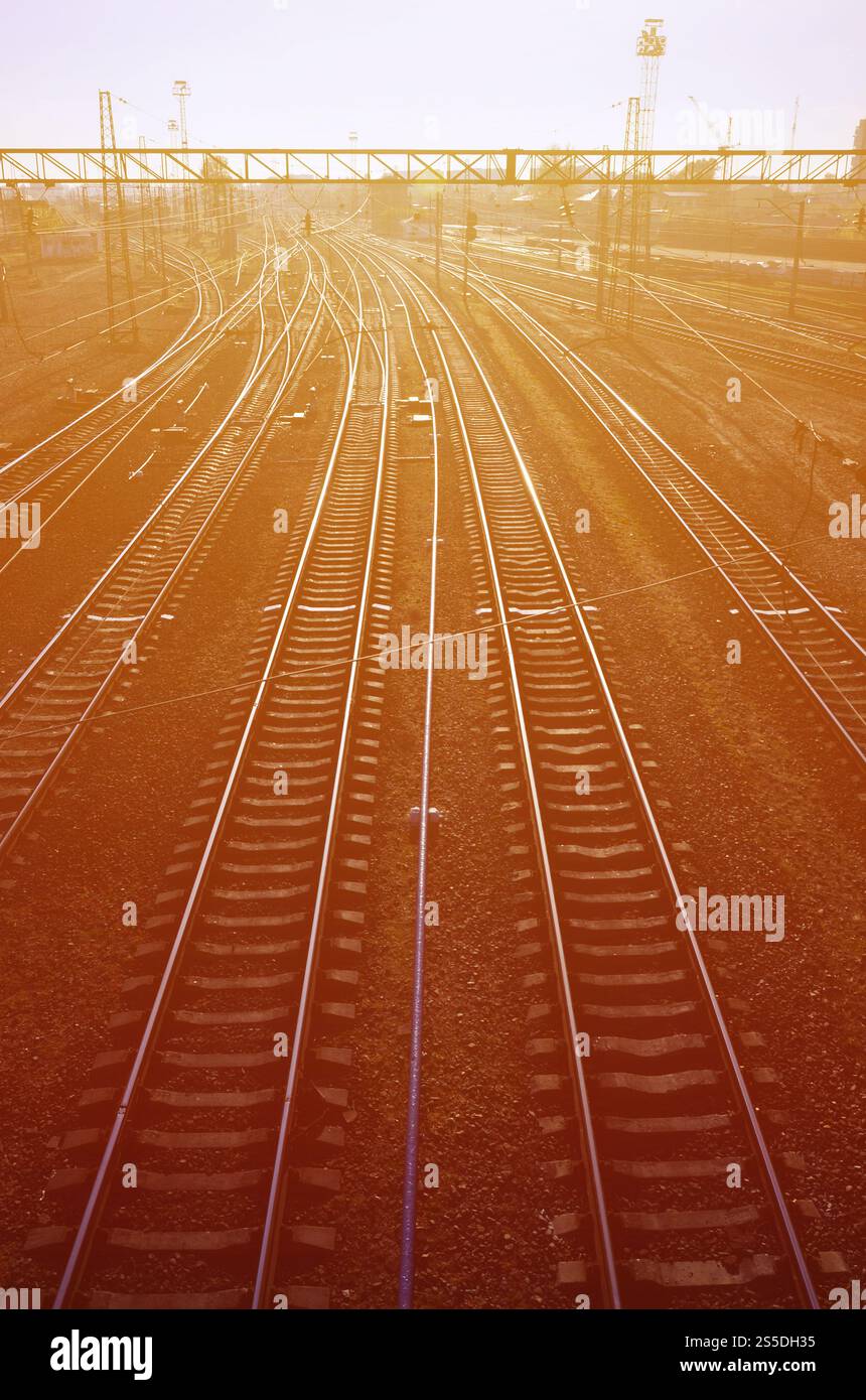 Railway landscape. Empty railway tracks in depot under the open air ...