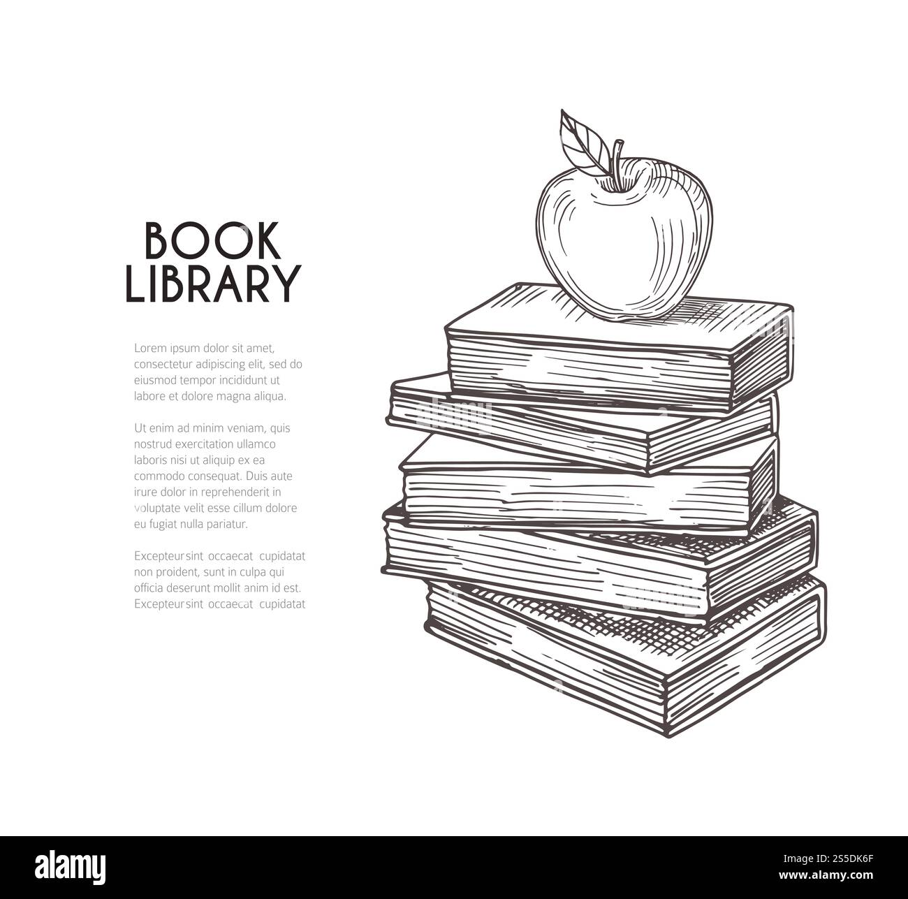 Library background. Hand drawing retro books and apple. School ...