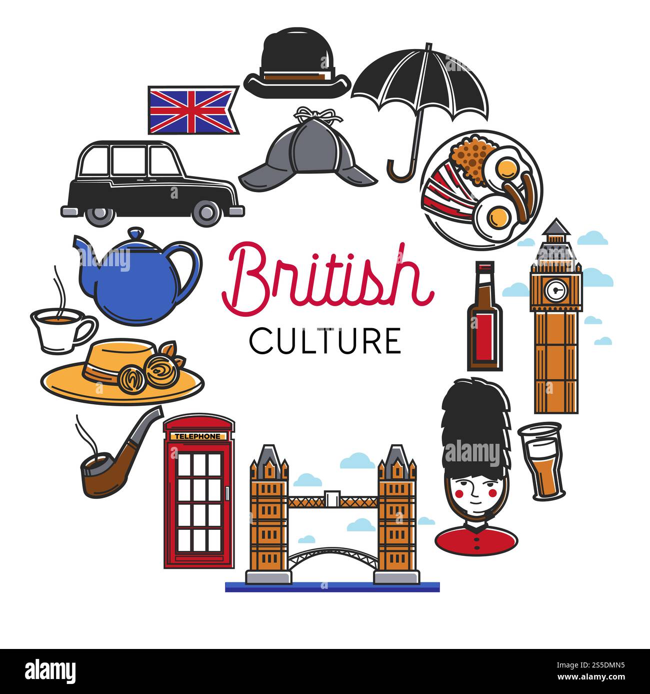 British culture and England travel symbols of famous landmarks. Vector ...
