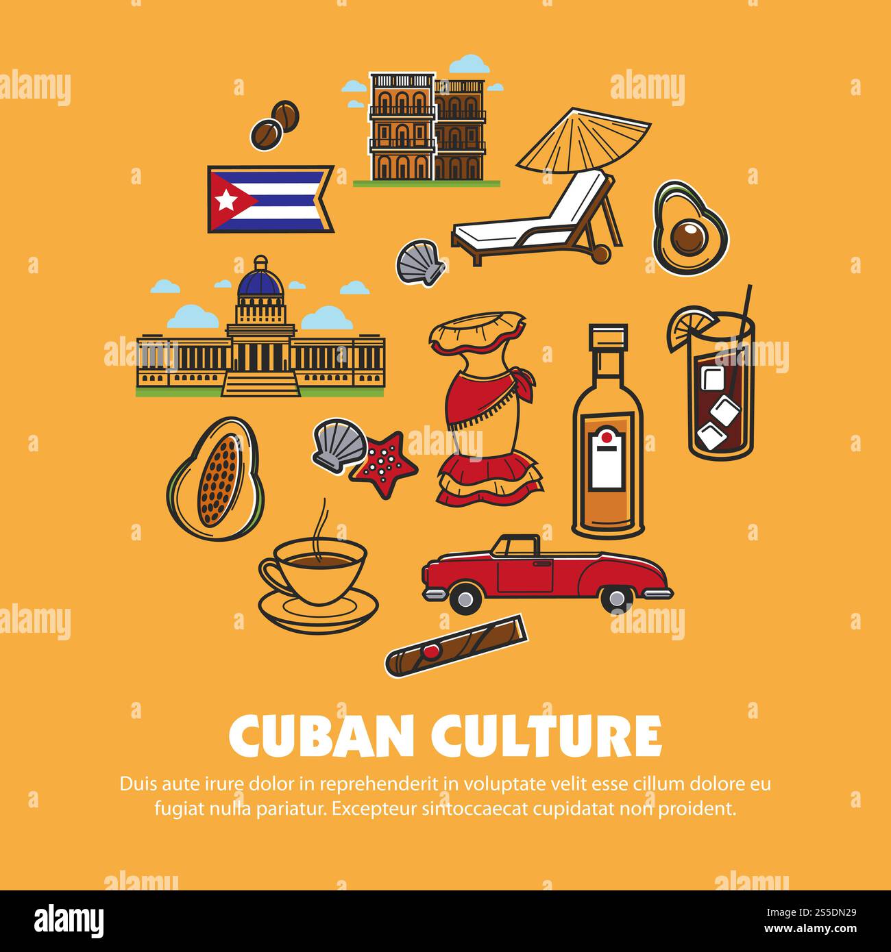 Cuba culture famous symbols and Havana travel landmarks. Vector poster of Cuba flag, Cuban cigar ...