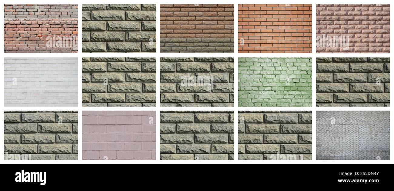 A collage of many pictures with fragments of brick walls of different ...