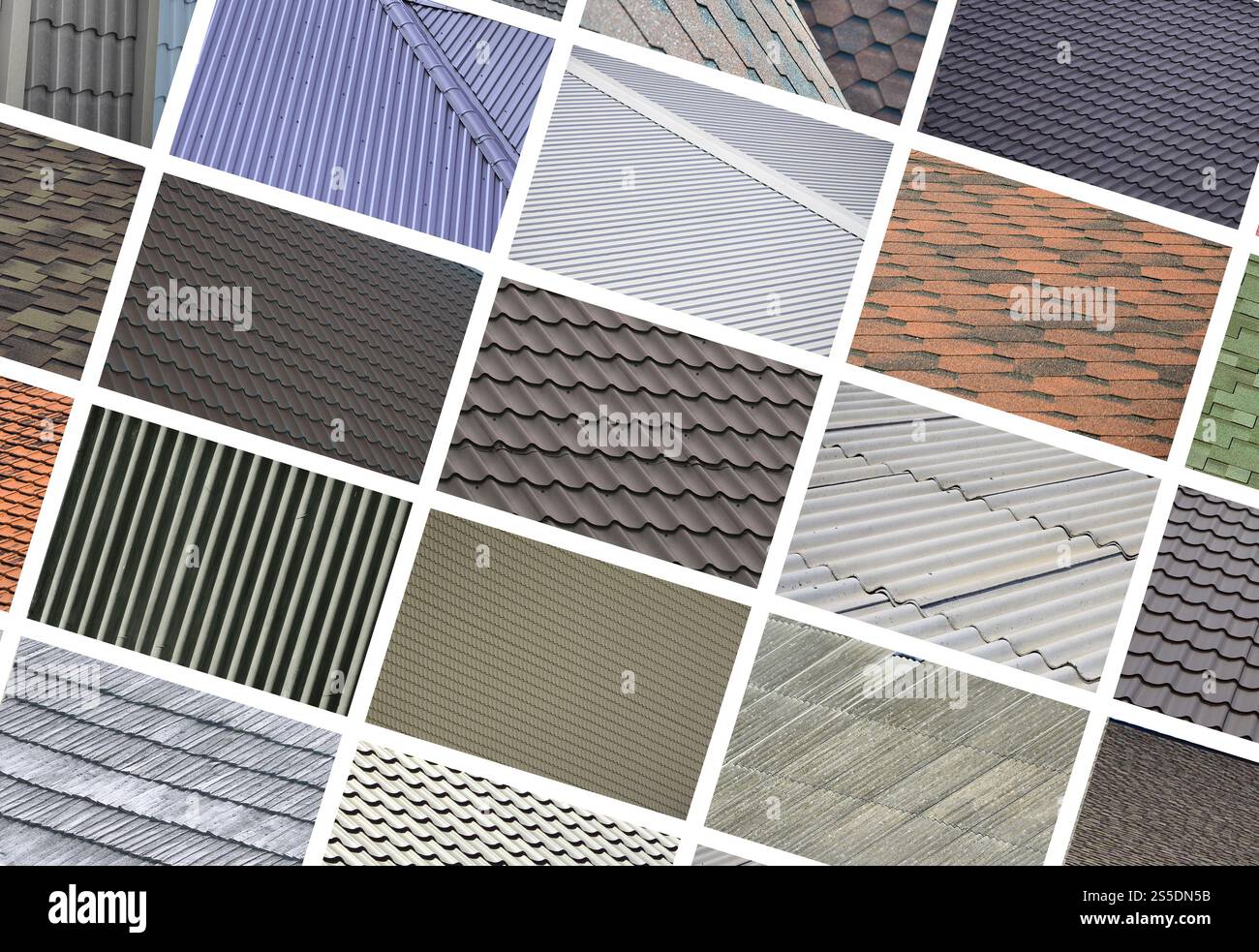 A collage of many pictures with fragments of various types of roofing ...