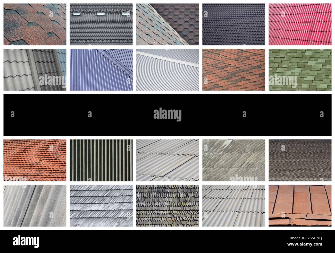 A collage of many pictures with fragments of various types of roofing ...