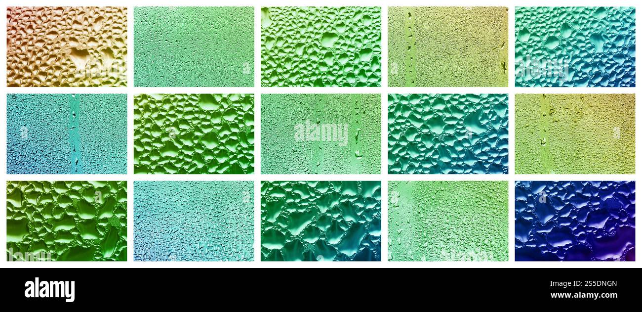 A collage of many different fragments of glass, decorated with rain ...