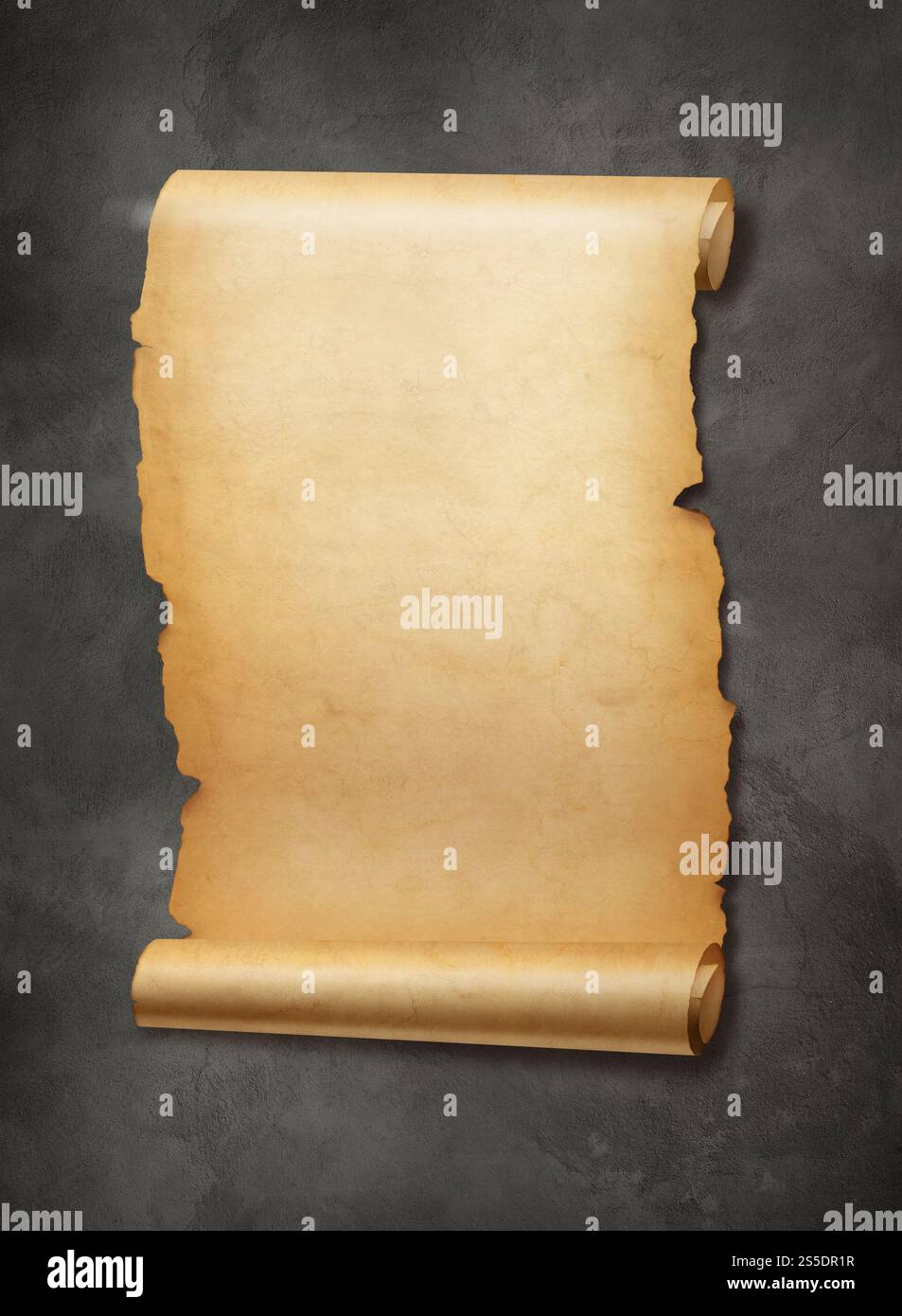 Old mediaeval paper sheet. Parchment scroll isolated on a concrete wall ...