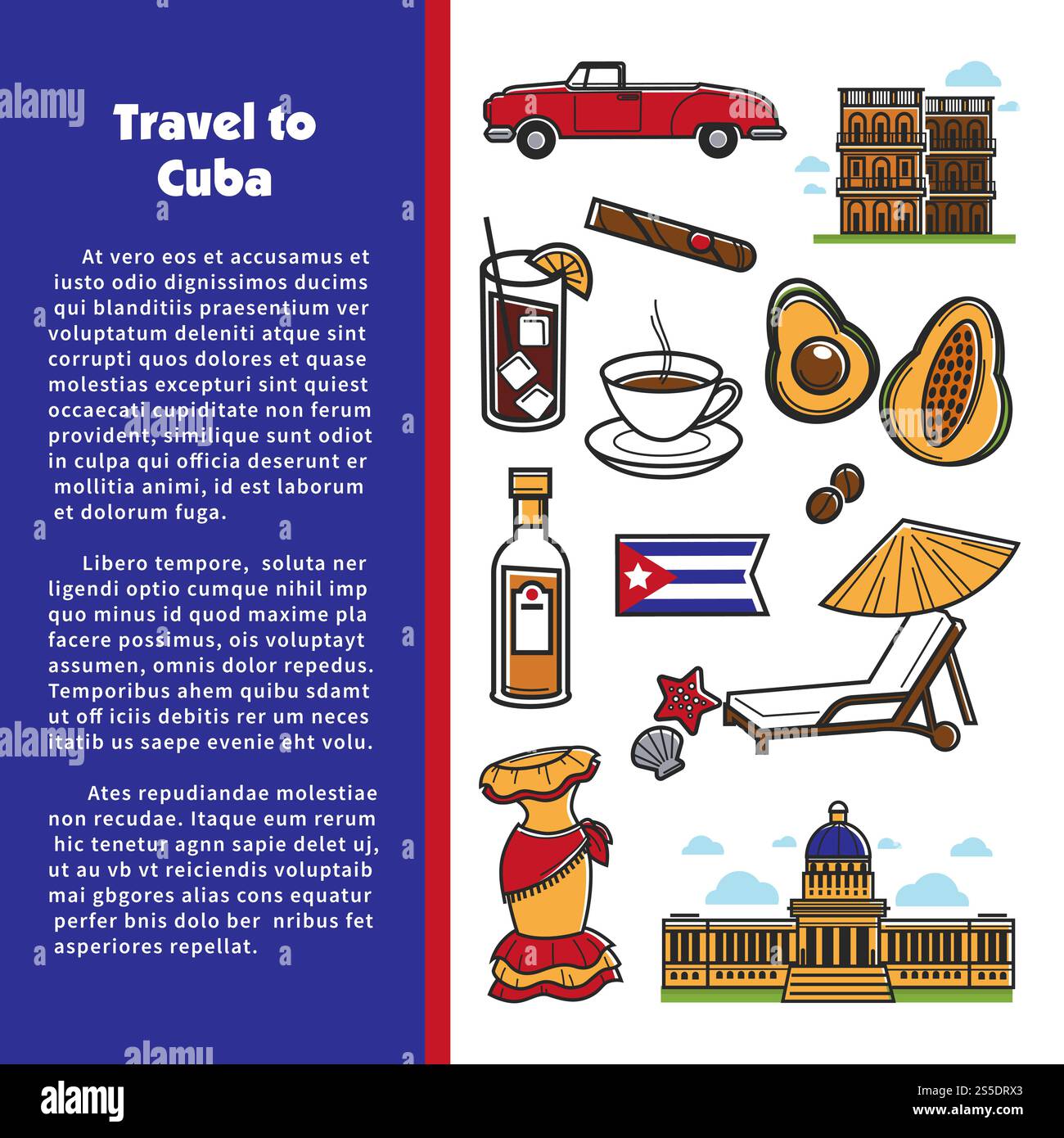 Cuba travel poster with information on Cuban culture famous symbols and Havana landmarks. Vector ...