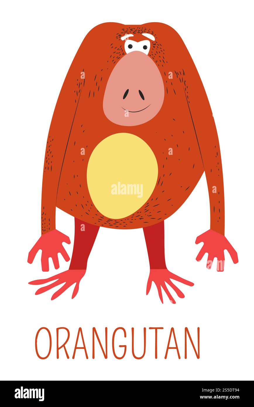 Orangutan ginger monkey childish book character. Jungle animal or ape that stands on hind legs ...