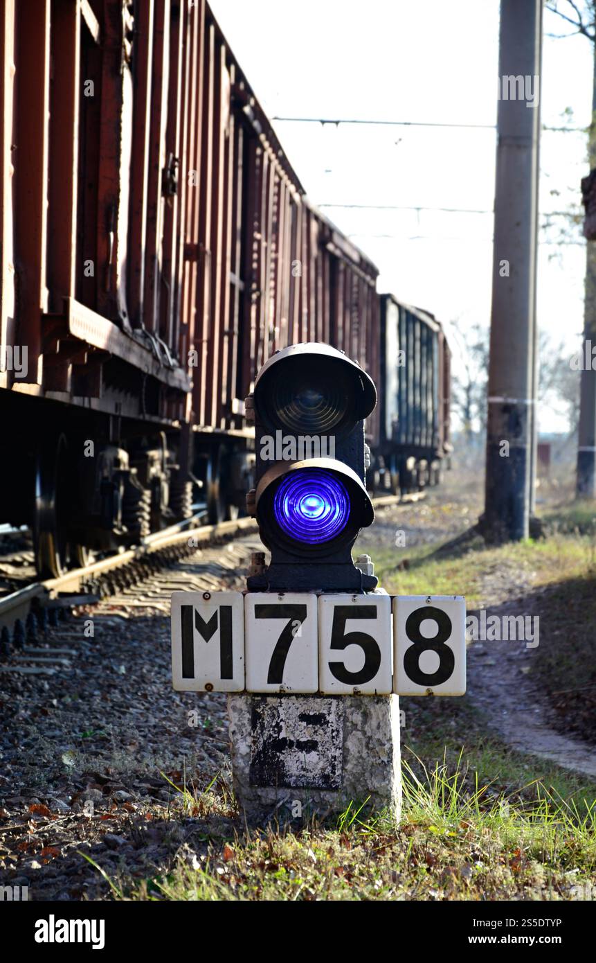 Railway landscape. Railroad sign with the sunny railway background and ...