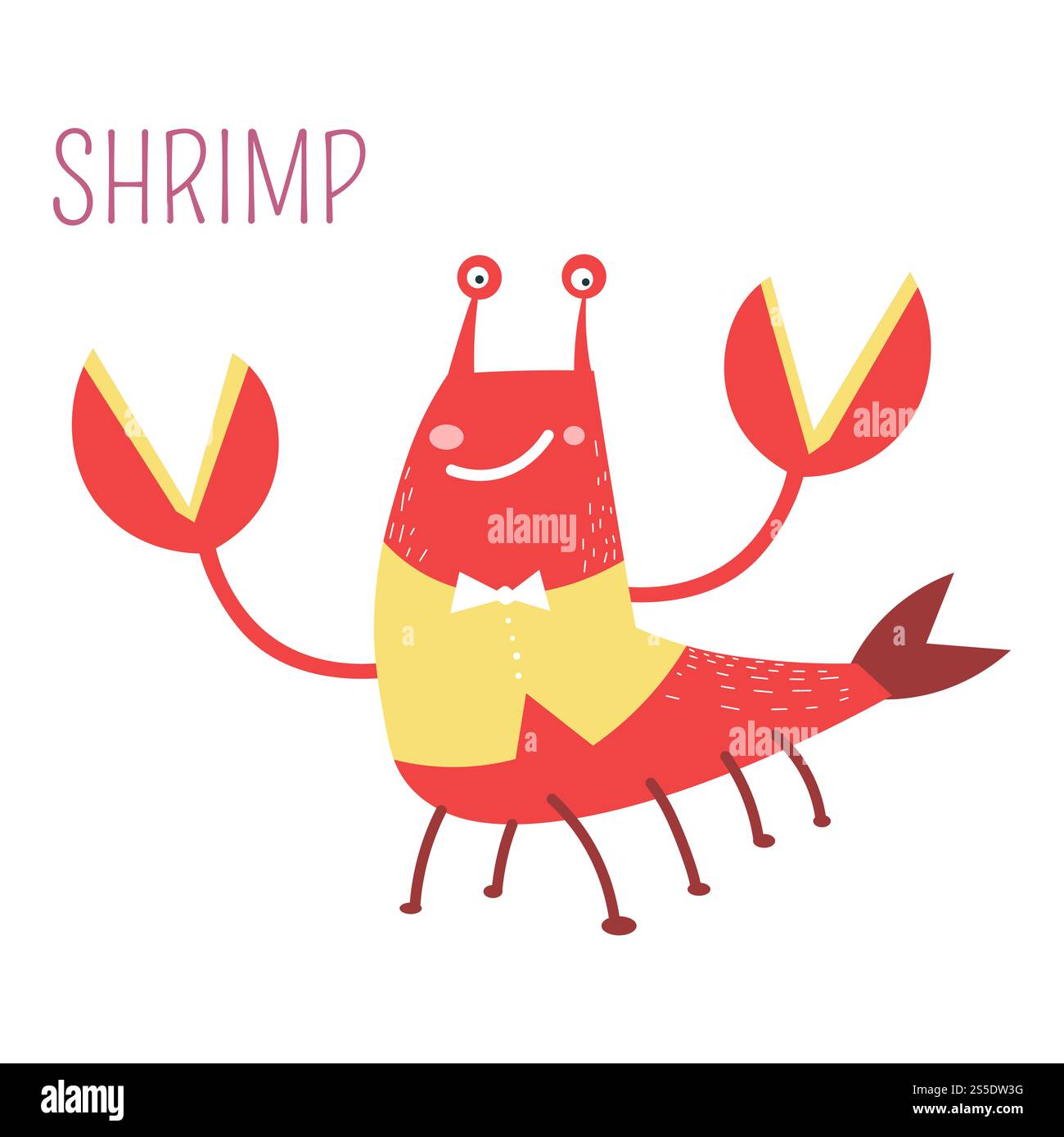 Shrimp in vest and bowtie childish book cartoon character. Prawn in ...