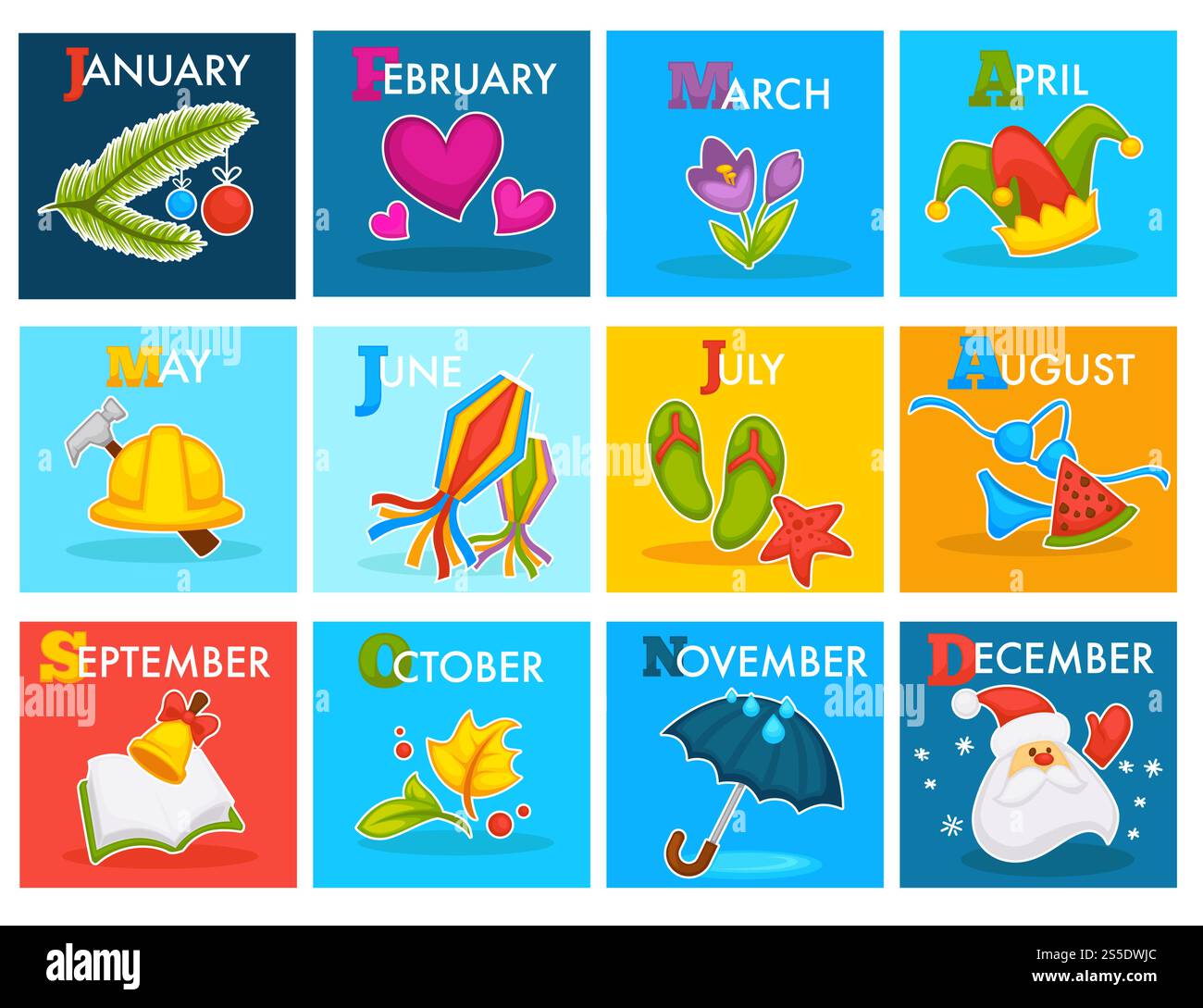 Calendar cartoon design with seasonal holidays symbols. Vector winter ...