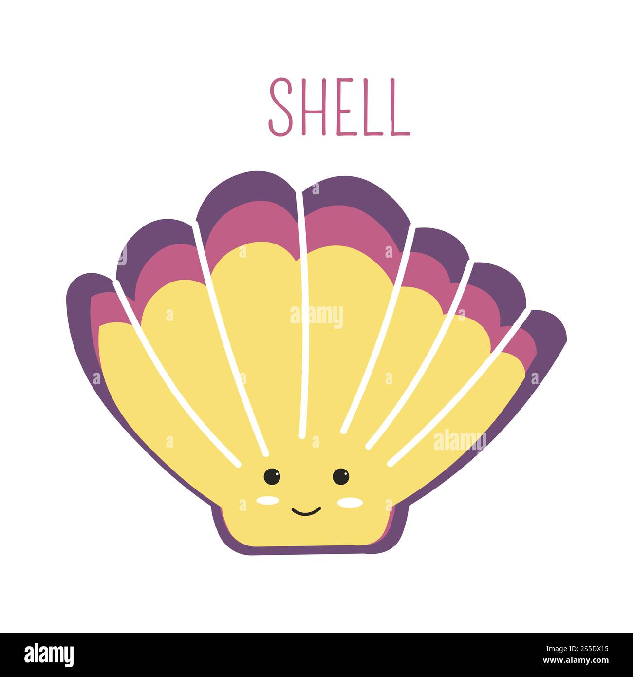 Seashell with face cartoon childish book character. Humanized shell ...