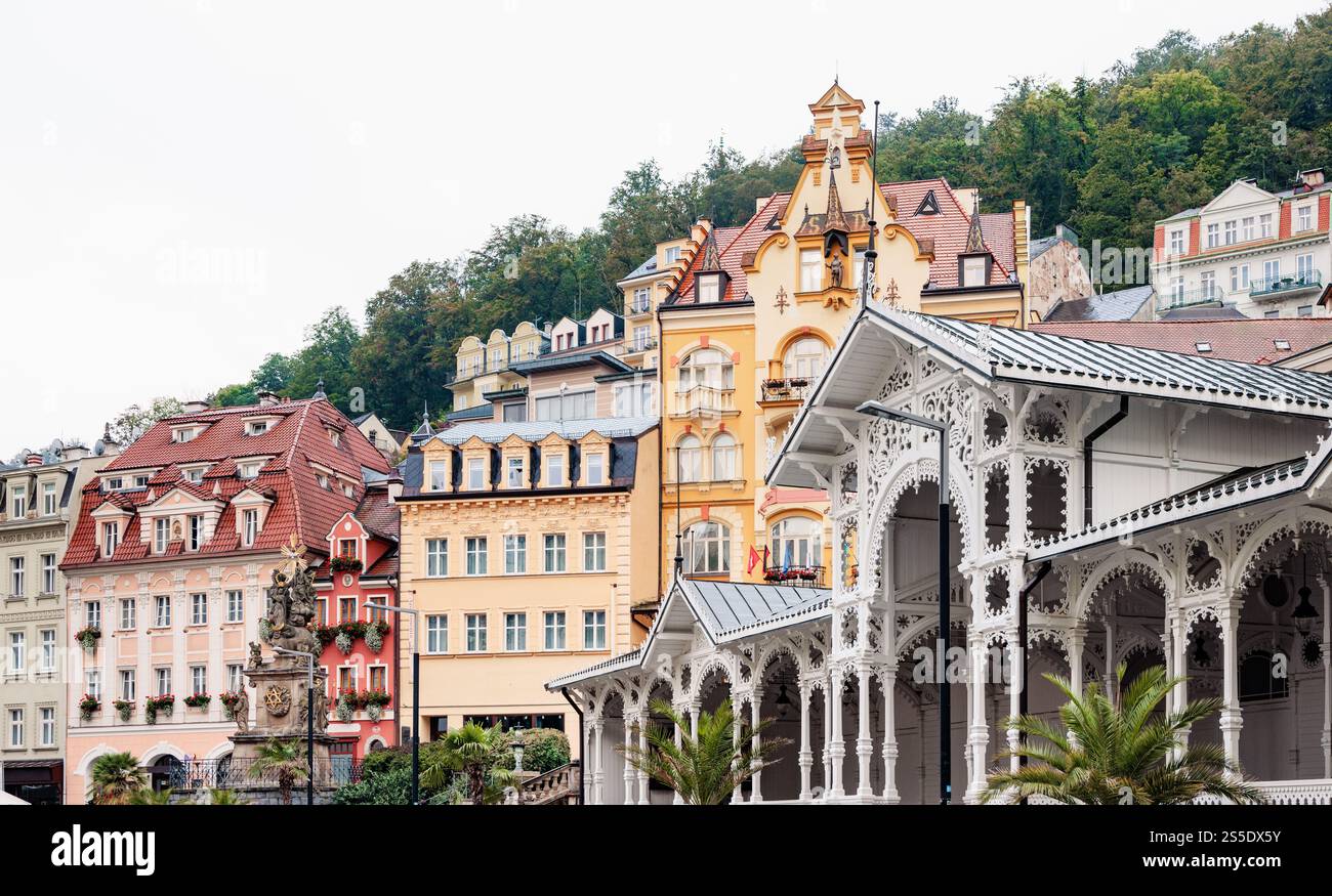 Historical backdrop of Karlovy Vary with richly decorated facades and ...