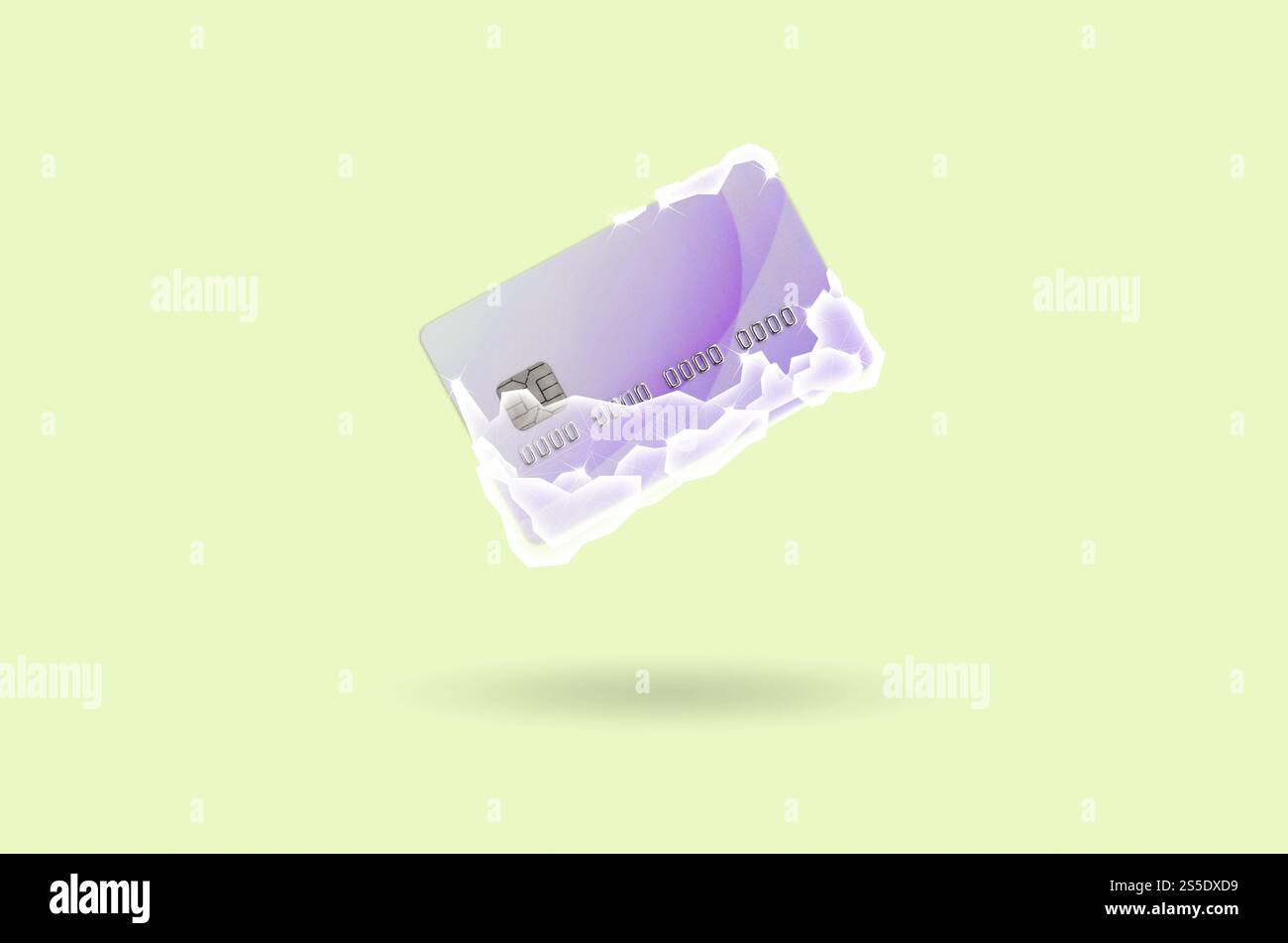 Frozen violet credit card in a blocks of ice on yellow background. The ...