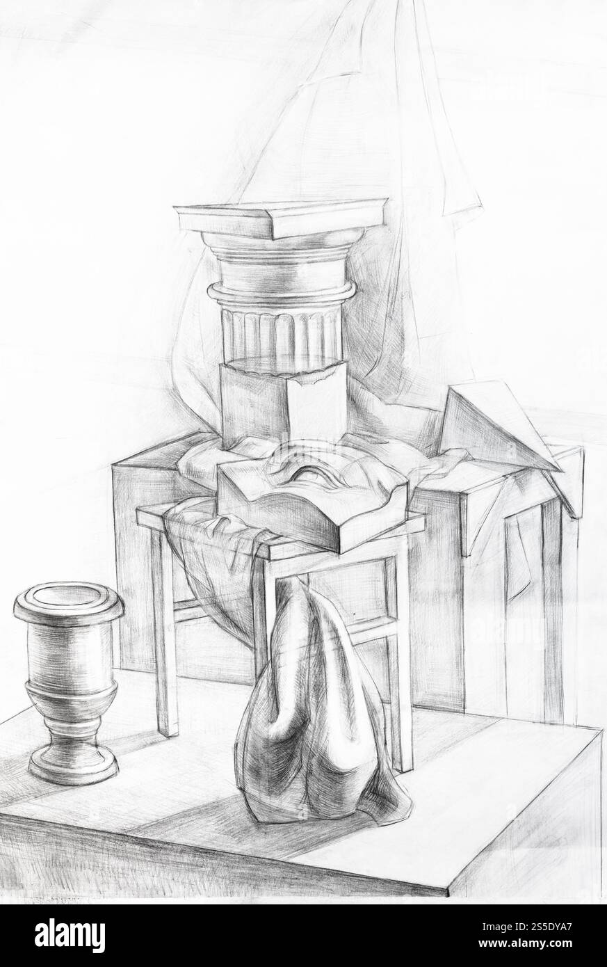 academic drawing - still life with Greek column capital, urn, stool and ...