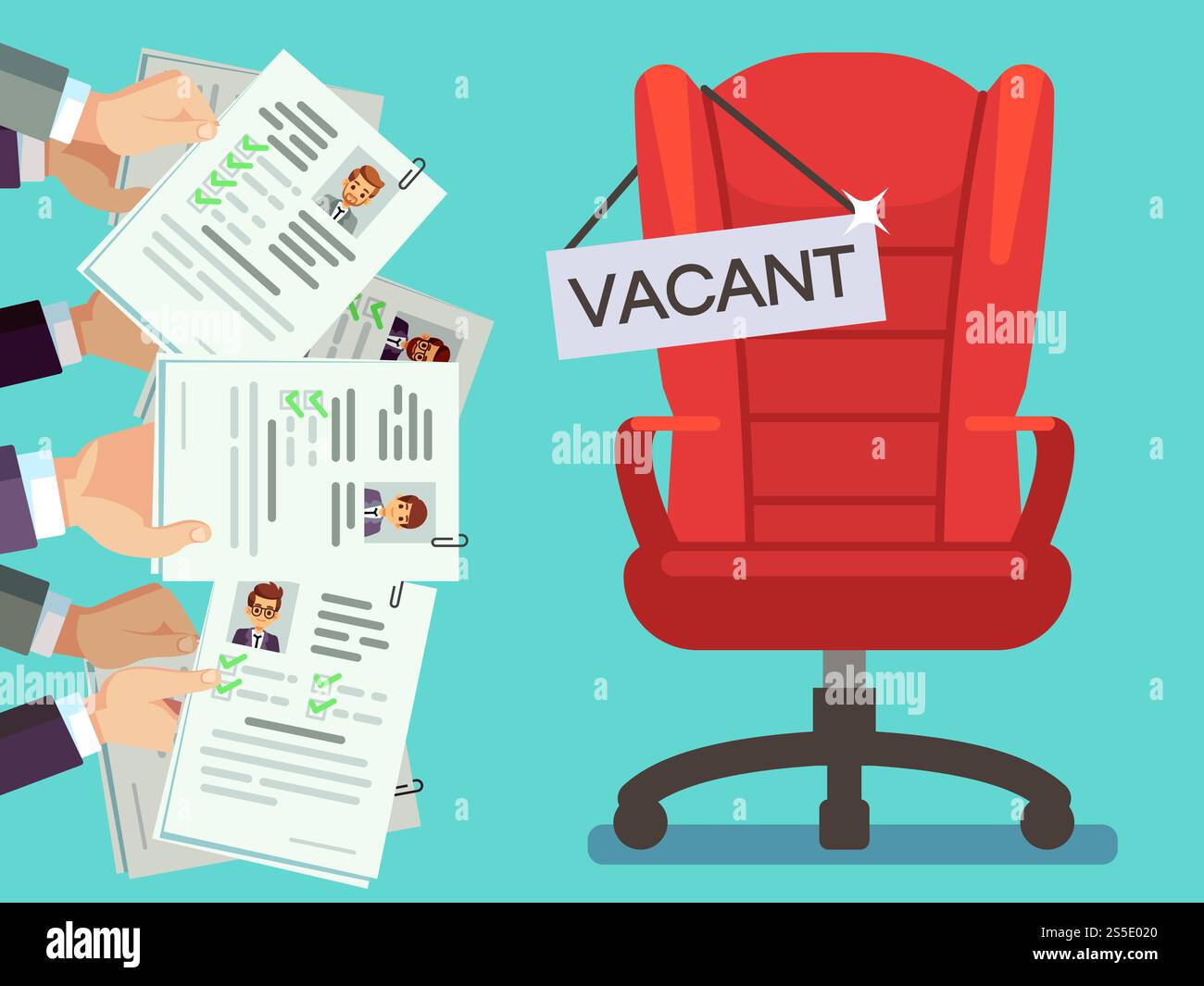 Hands holds CV forms and office chair with vacancy plate. Illustration ...