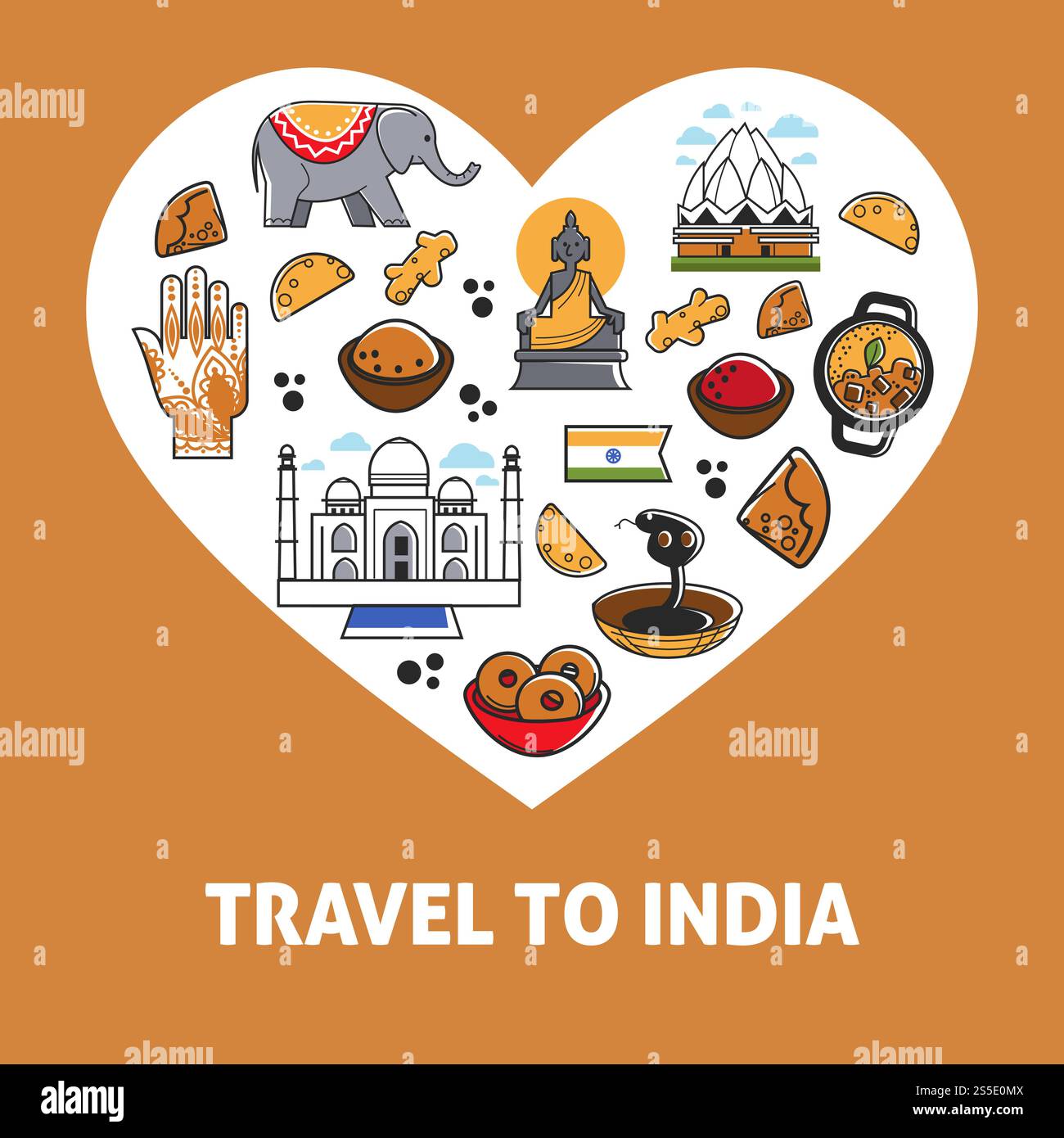 India travel heart poster of culture symbols and famous landmarks ...