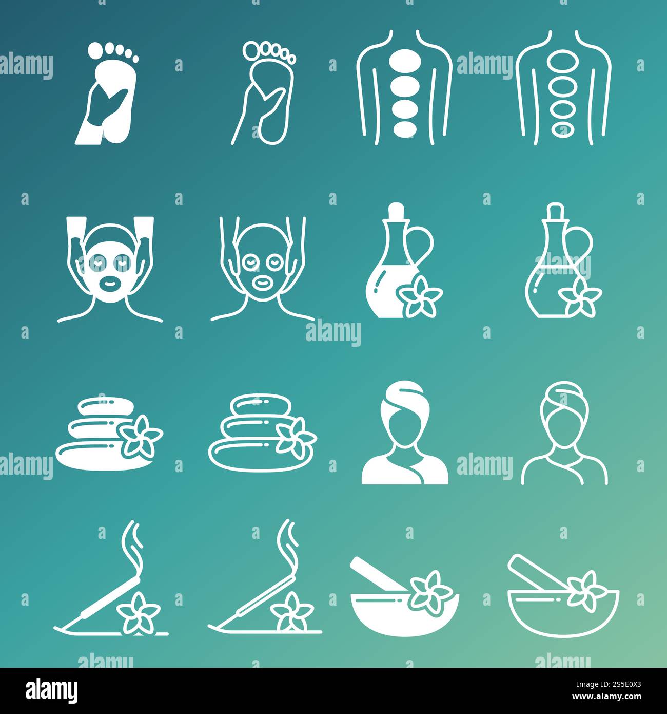 Line and outline massage and relaxing vector icons isolated on green ...
