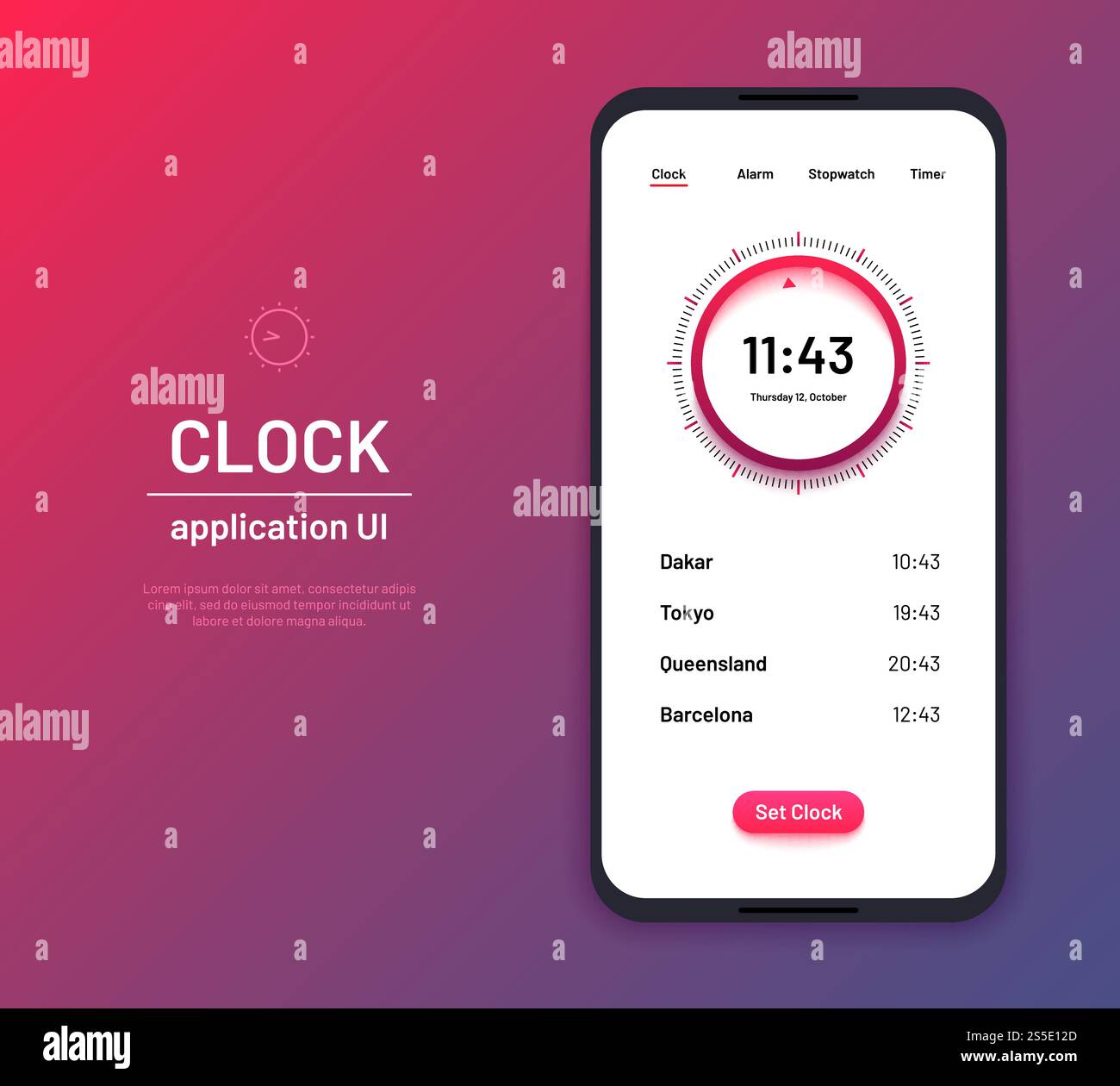 Clock ui. Time countdown interface kit. Modern clock screen phone application vector layout ...