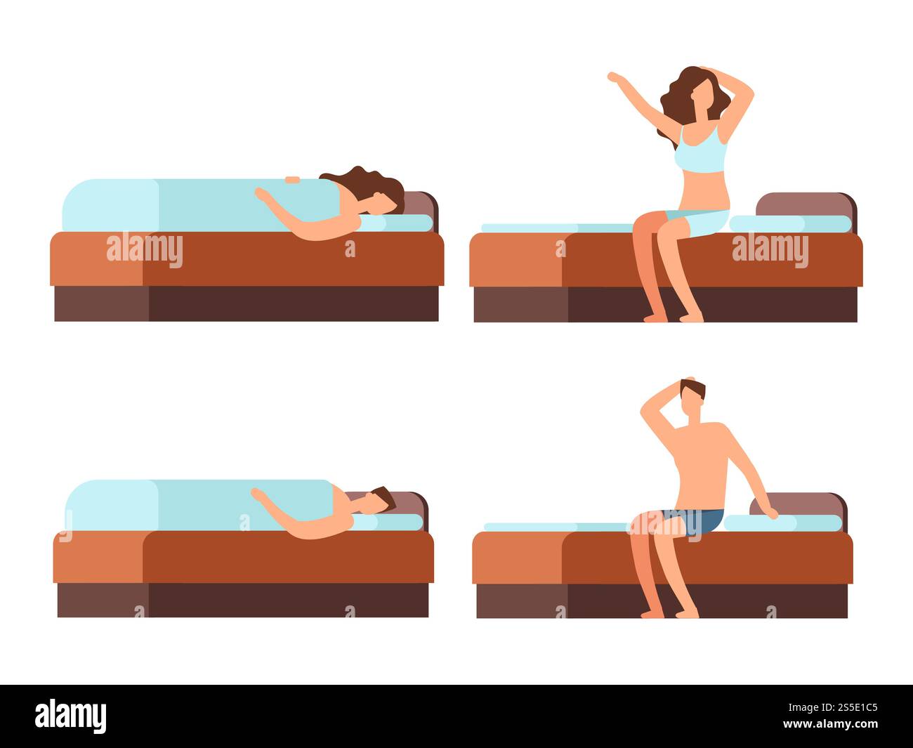 Sleeping and wake up man and woman in cozy bed cartoon character ...