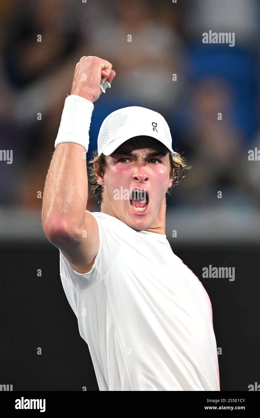 Joao Fonseca of Brazil reacts during his round 1 match against Andrey Rublev of Russia during ...